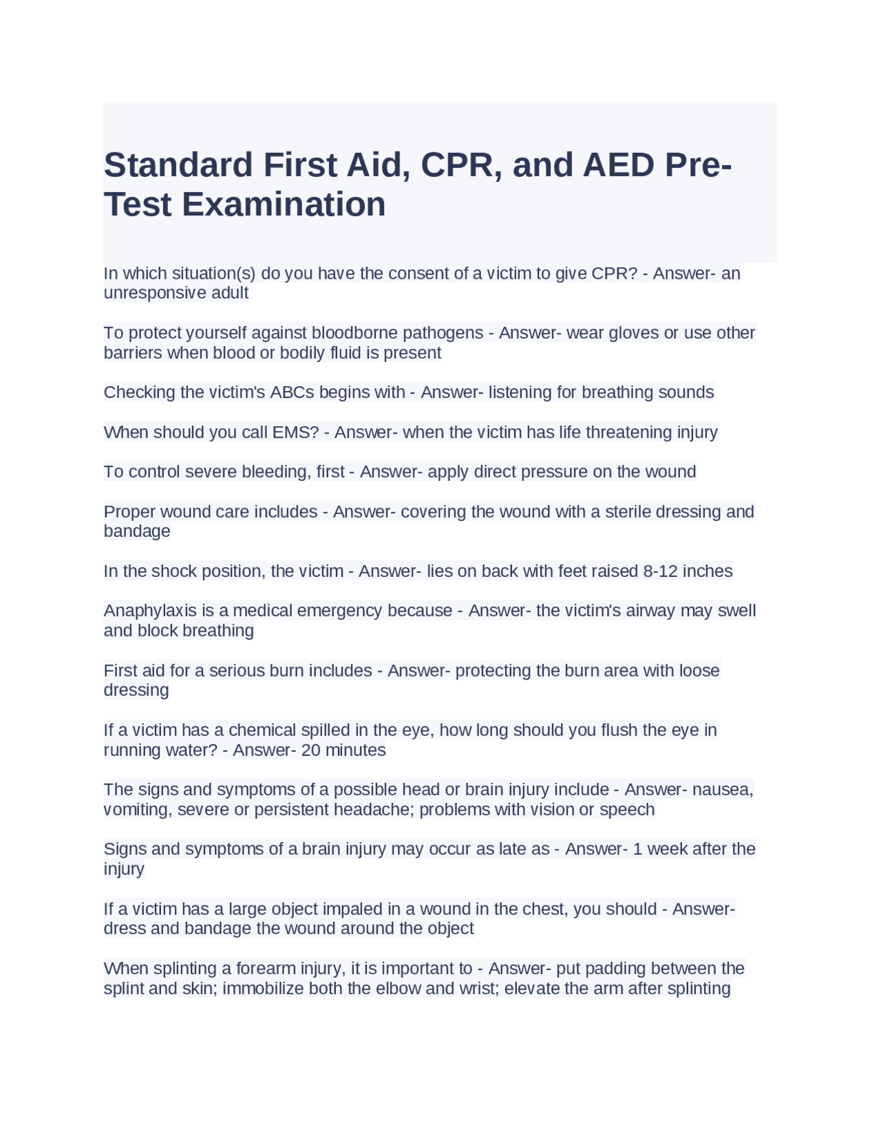 Standard First Aid, CPR, and AED Pretest Examination | Exams Advanced ...