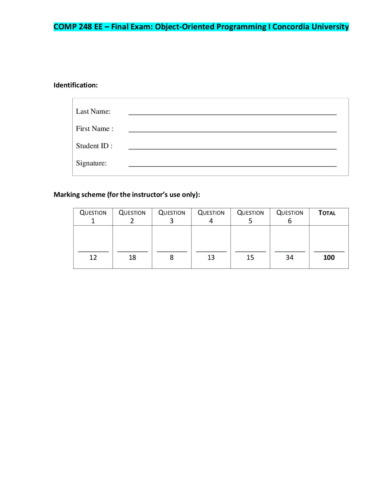 COMP 248 EE - Final Exam: Object-Oriented Programming I | Exams Computer Science | Docsity