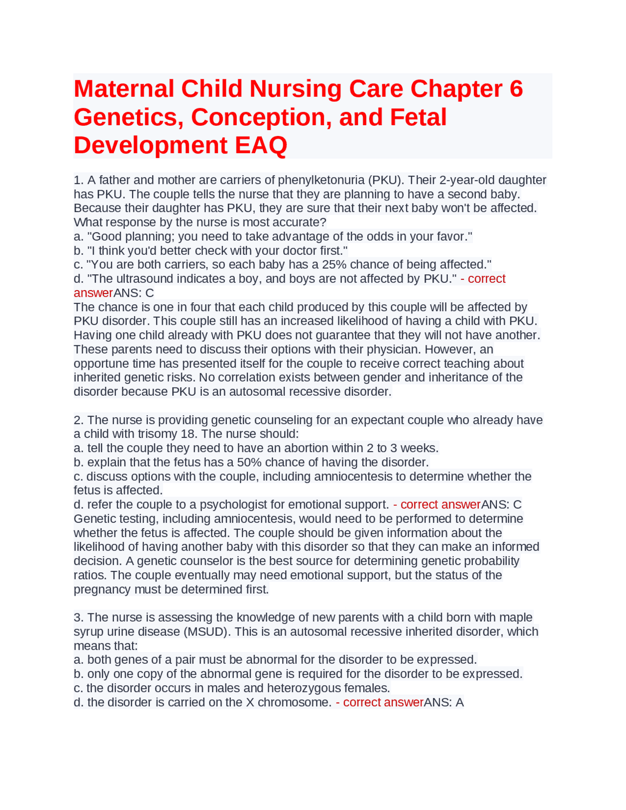 Maternal Child Nursing Care Chapter 6 Genetics, Conception, and Fetal Development EAQ | Exams ...
