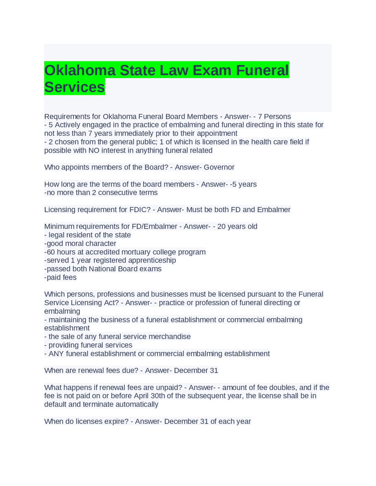 Oklahoma State Law Exam Funeral Services | Exams Advanced Education ...