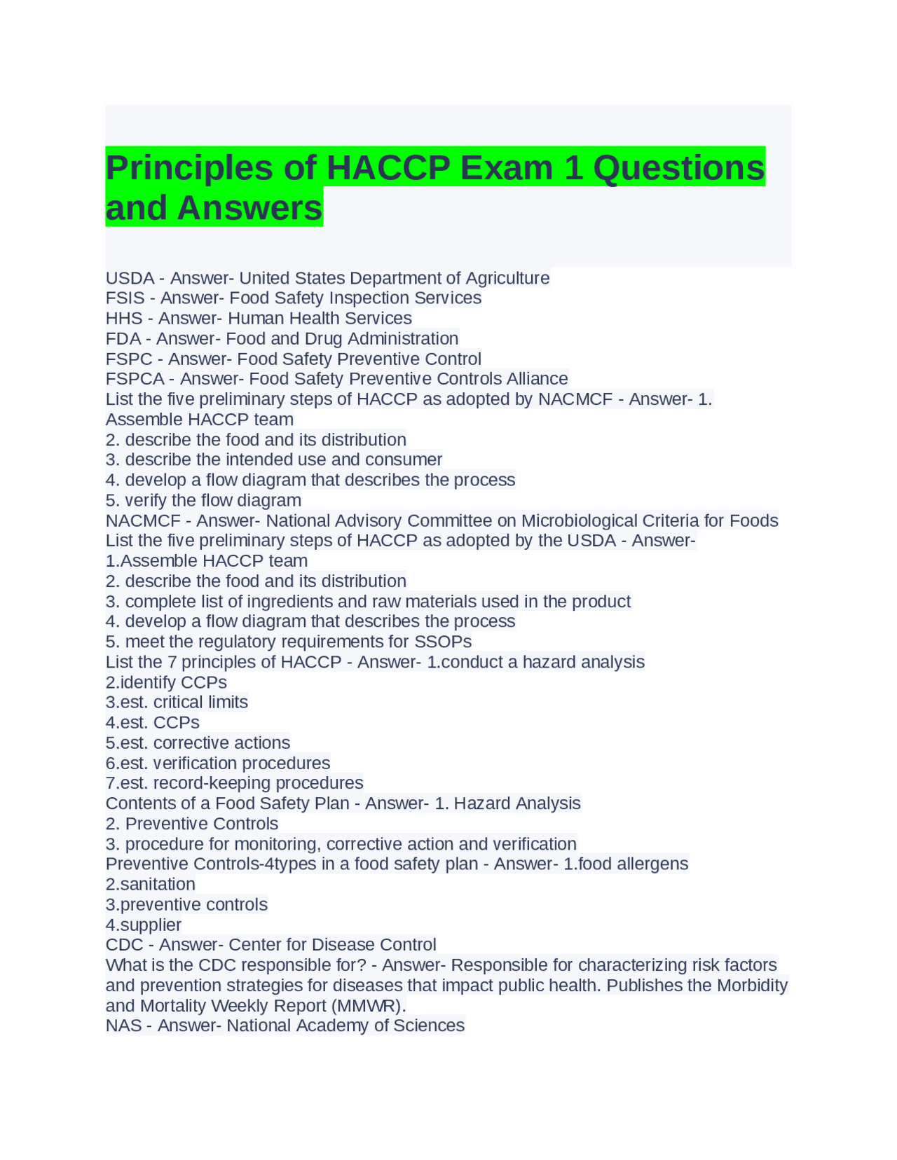 Principles of HACCP Exam 1 Questions and Answers | Exams Advanced ...