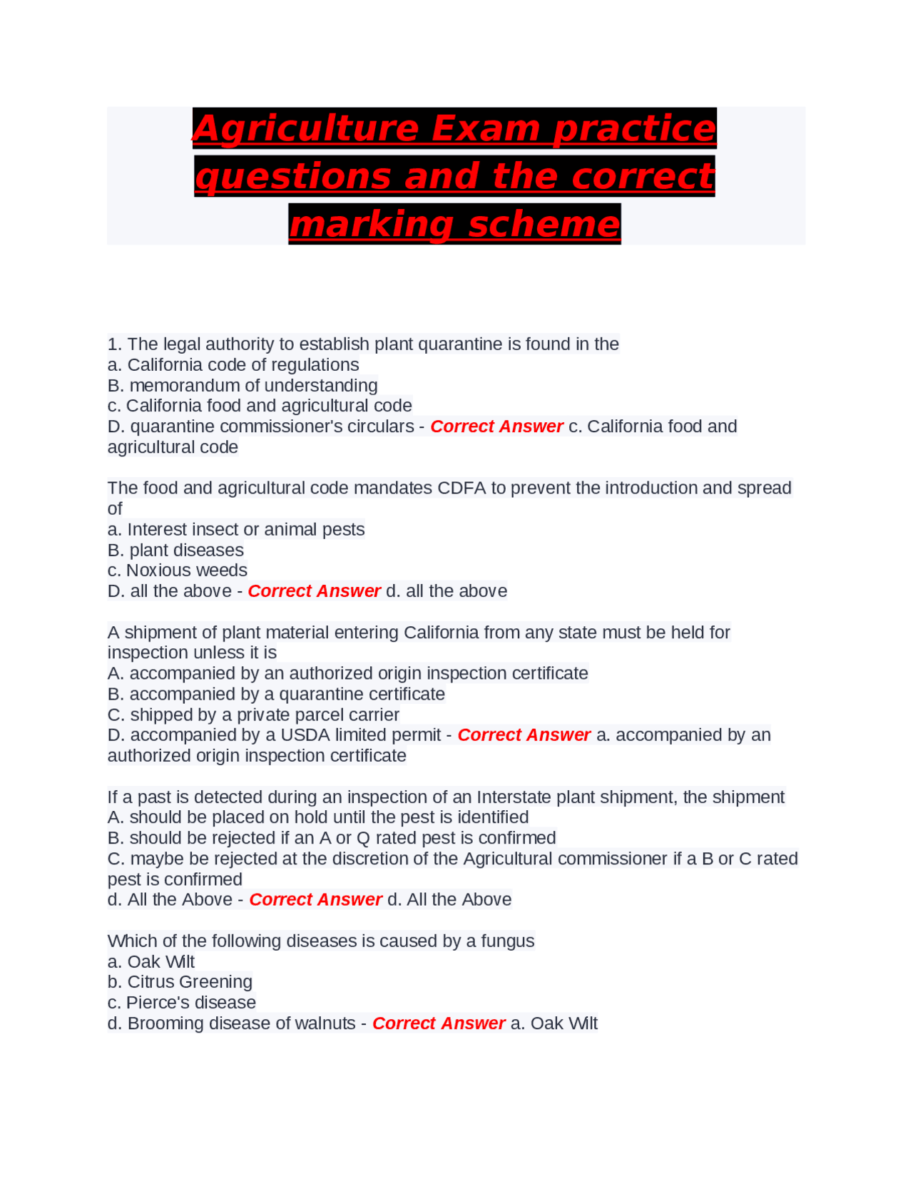 Agriculture Exam practice questions and the correct marking scheme ...