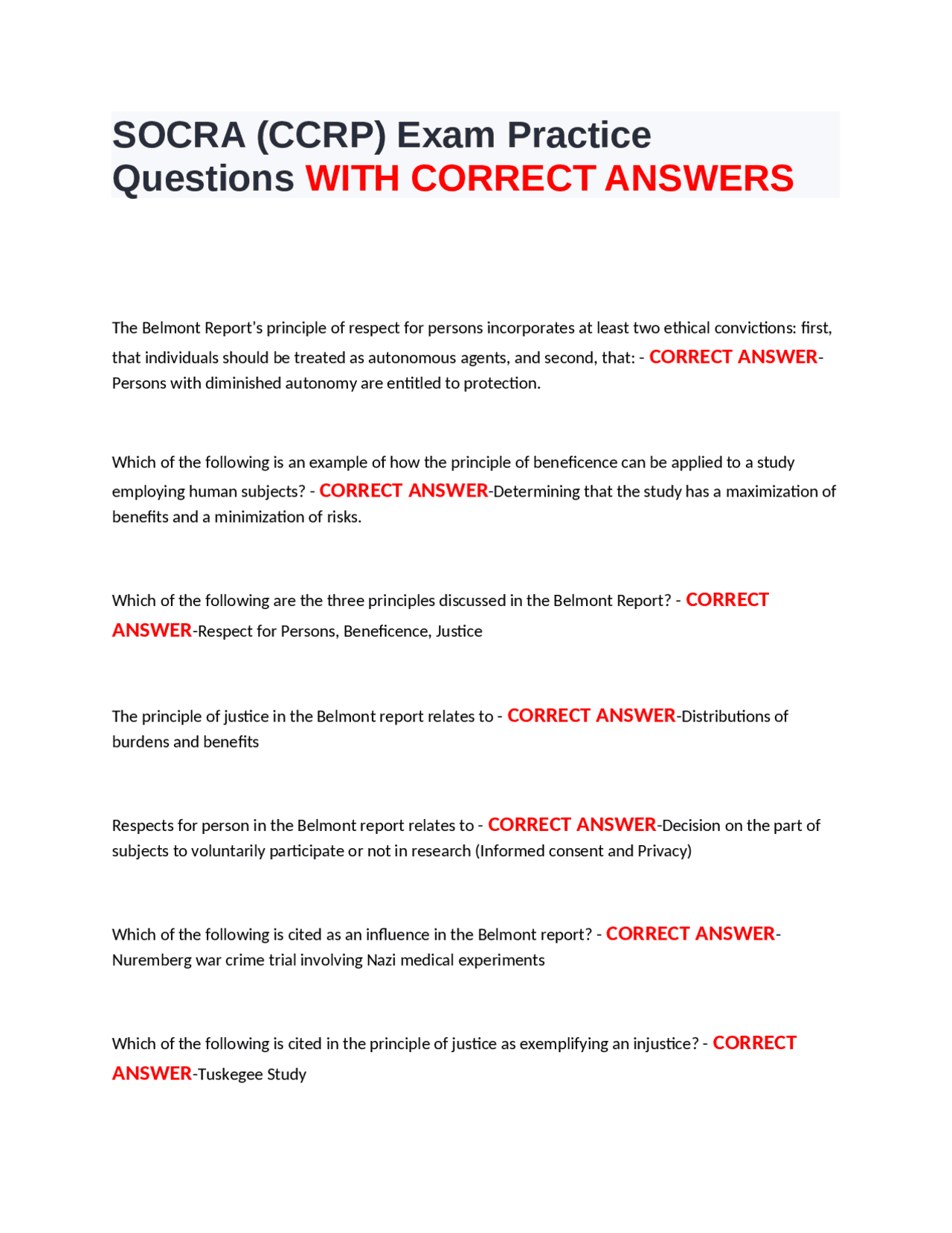 Belmont Report Principles and SOCRA (CCRP) Exam Practice | Exams ...
