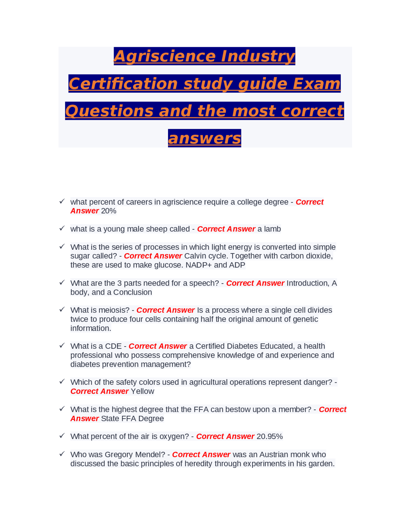 Agriscience Industry Certification study guide Exam Questions and the ...