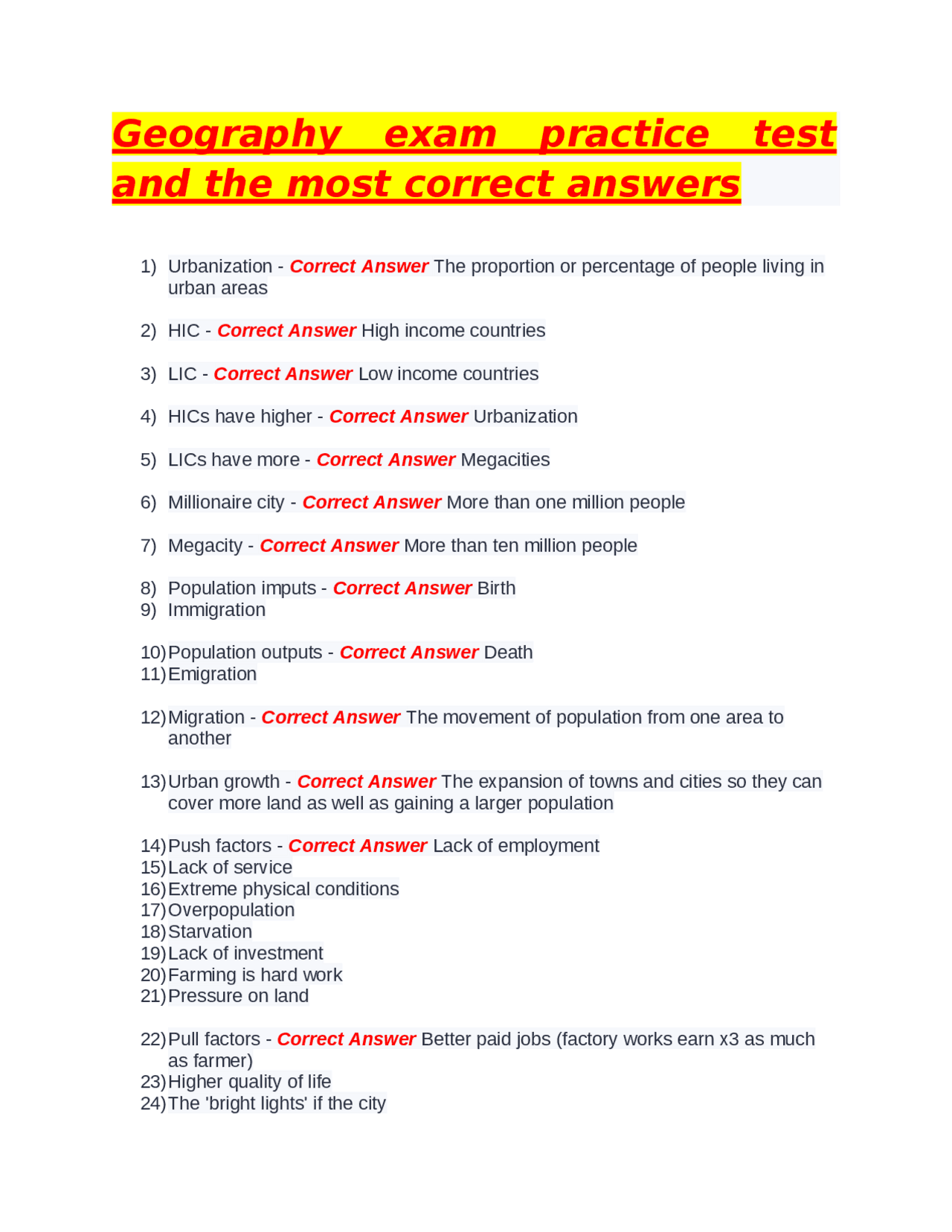 Geography Exam Practice Test and Answers | Exams Geography | Docsity
