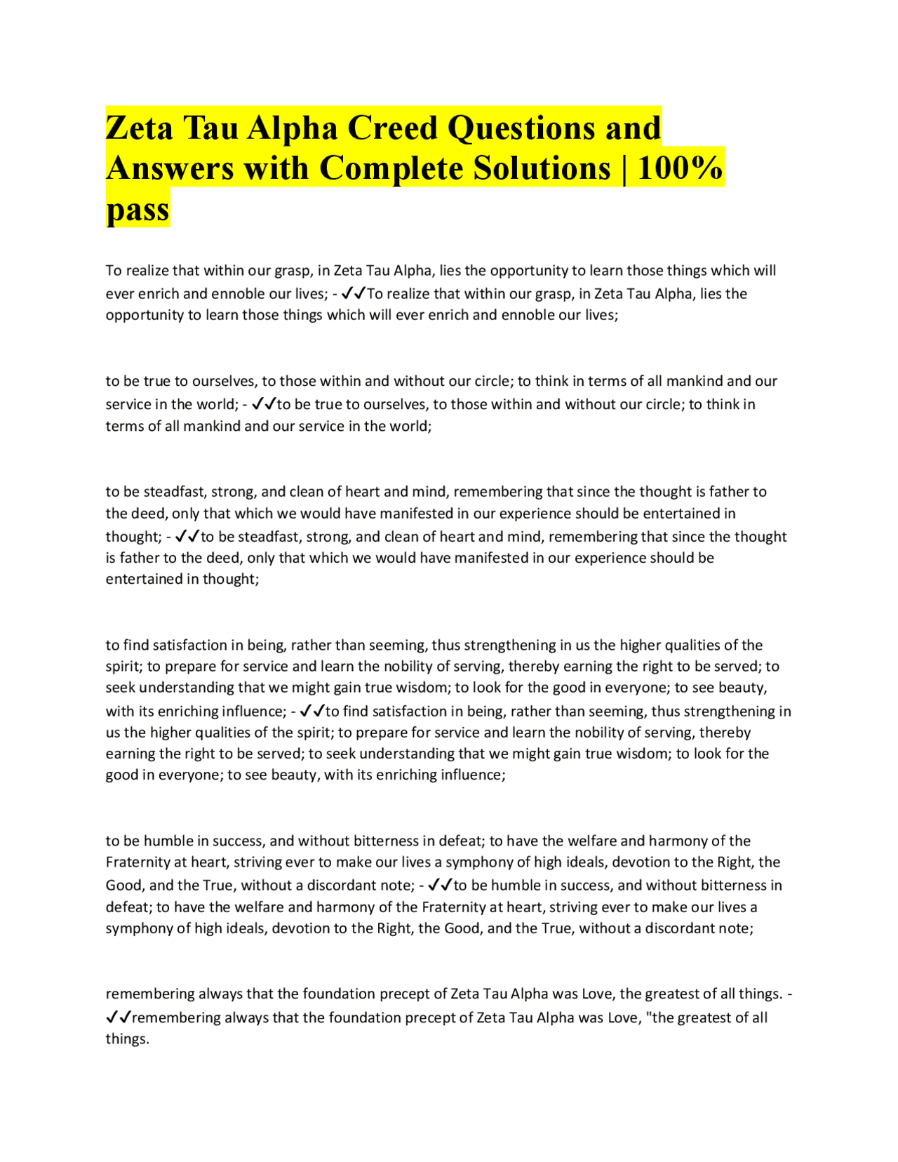 Zeta Tau Alpha Creed Questions and Answers with Complete Solutions ...