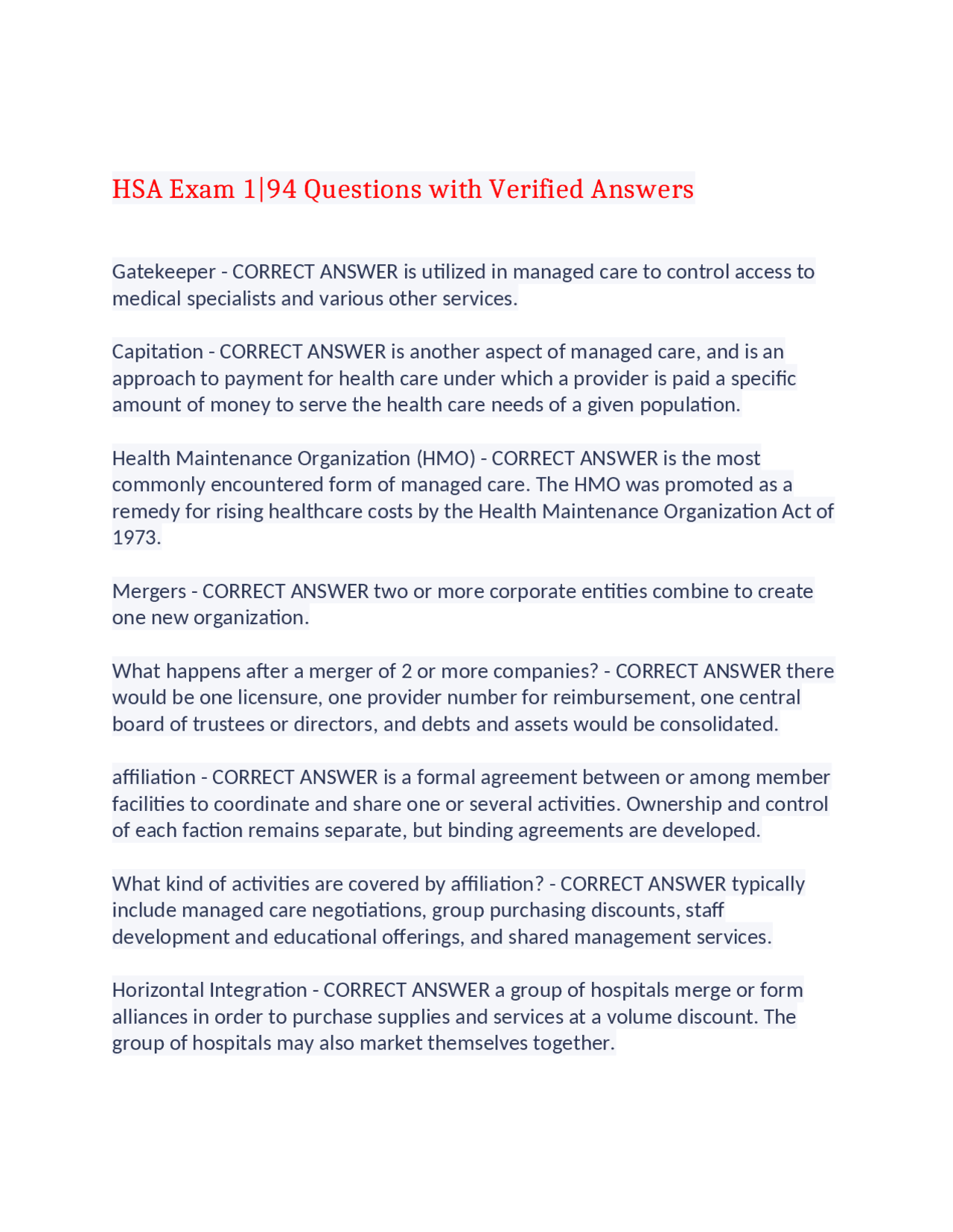 HSA Exam 1: 94 Questions with Verified Answers | Exams Nursing | Docsity