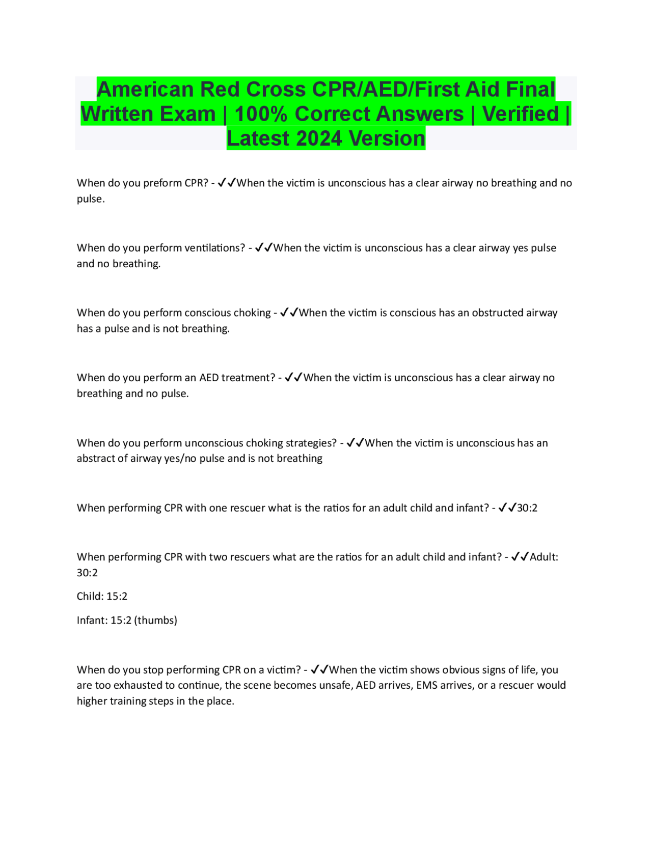 American Red Cross CPR/AED/First Aid Final Written Exam | 100% Correct ...