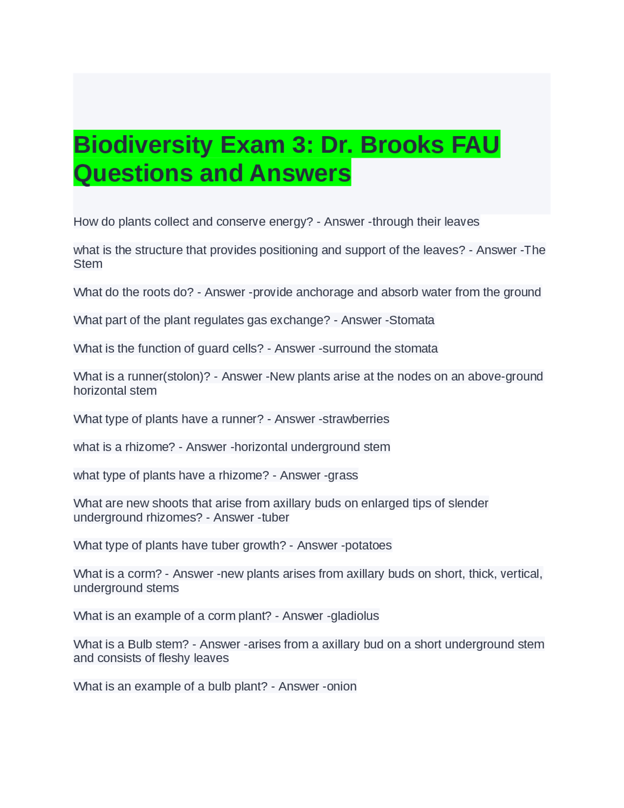 Biodiversity Exam 3 Dr. Brooks FAU Questions and Answers | Exams ...