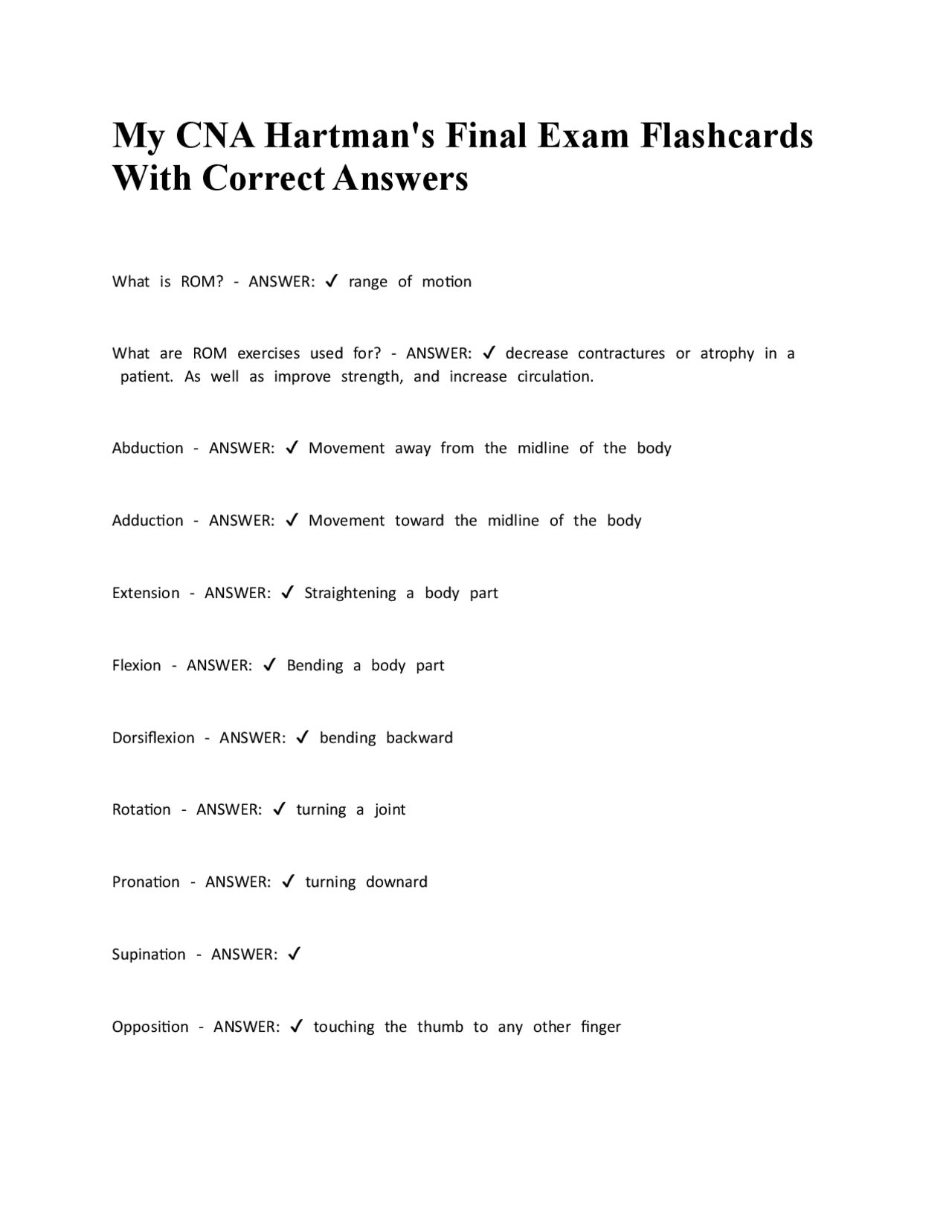 CNA Hartman's Final Exam Flashcards With Correct Answers. | Exams ...
