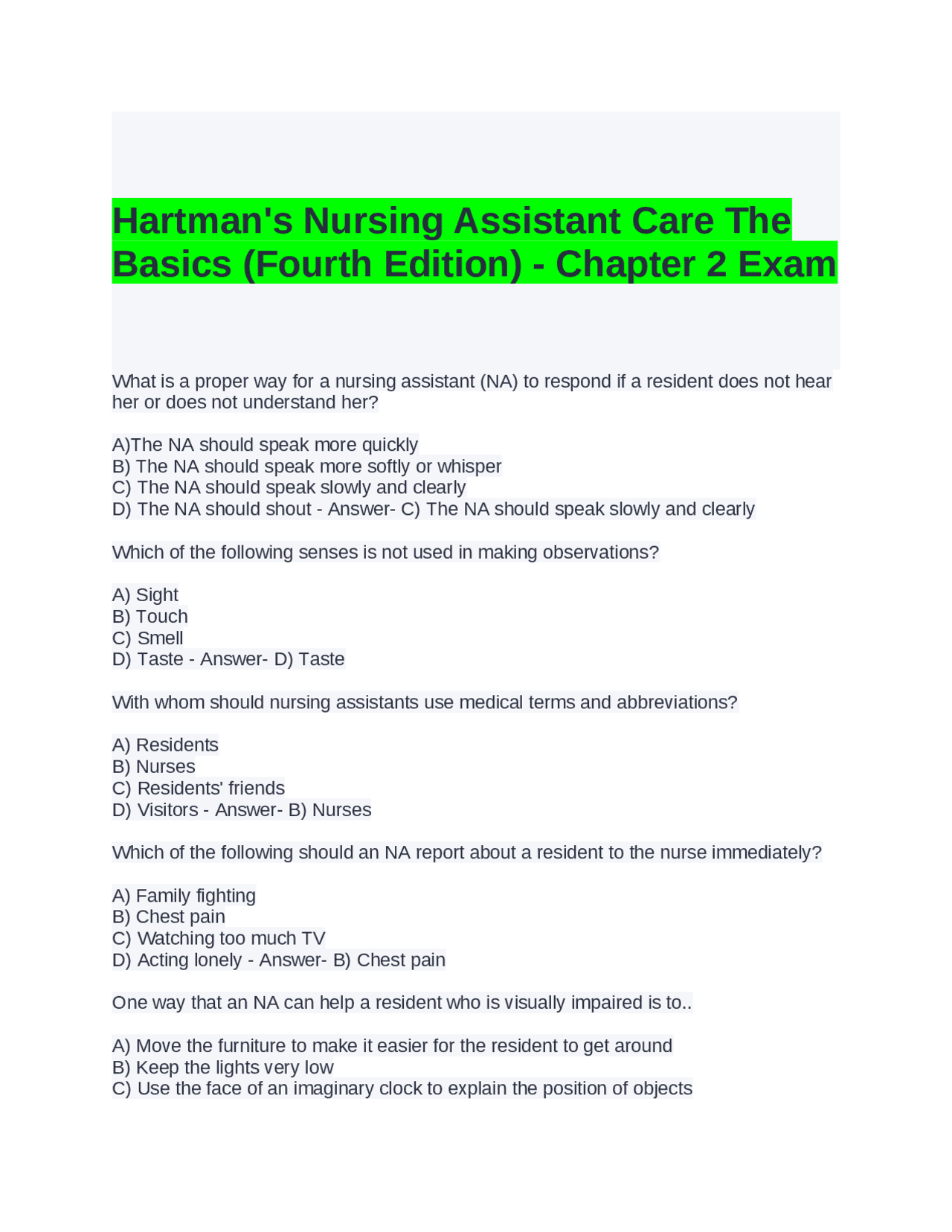 Hartman's Nursing Assistant Care The Basics (Fourth Edition) - Chapter ...