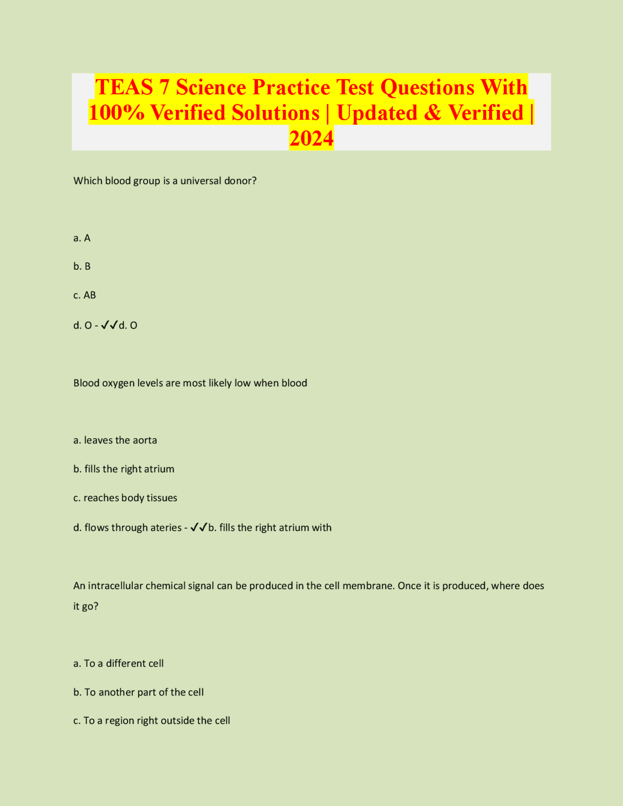TEAS 7 Science Practice Test Questions | Exams Nursing | Docsity