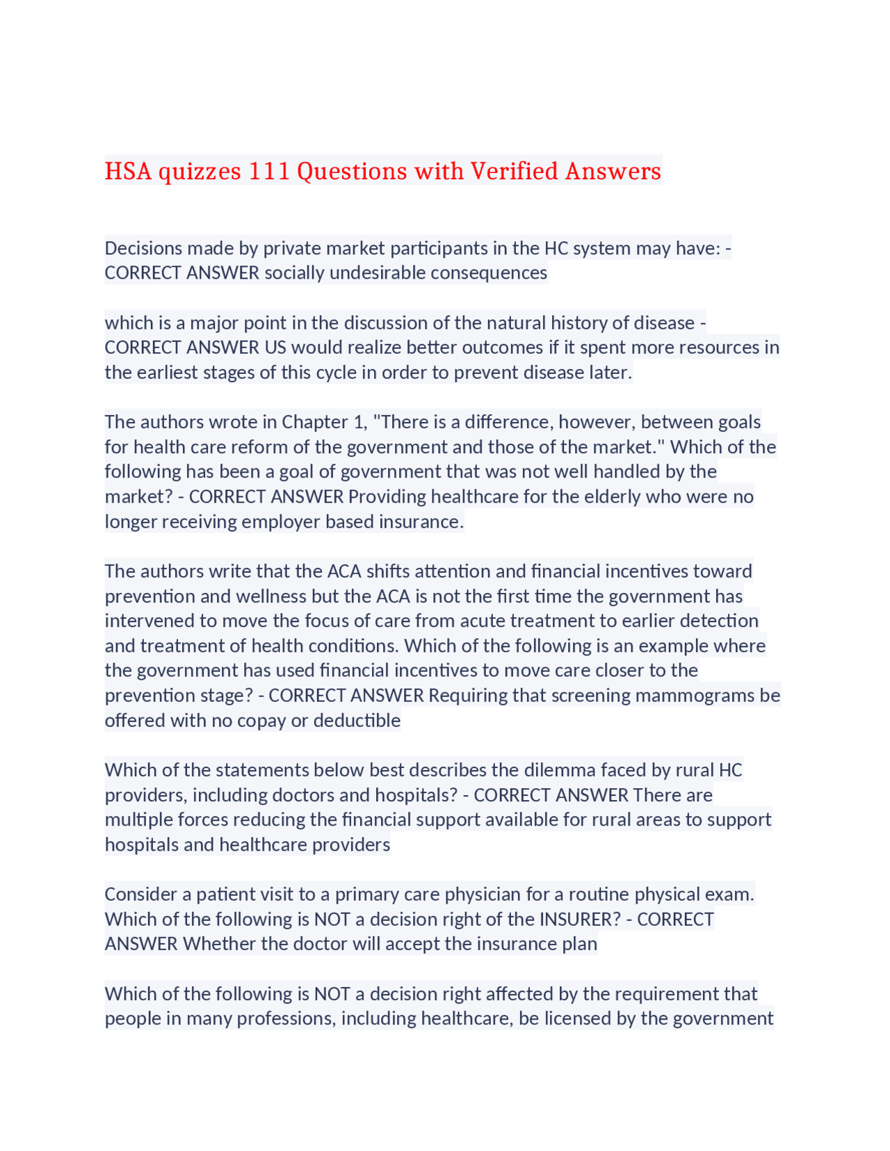 HSA quizzes 111 Questions with Verified Answers,100% CORRECT | Exams ...