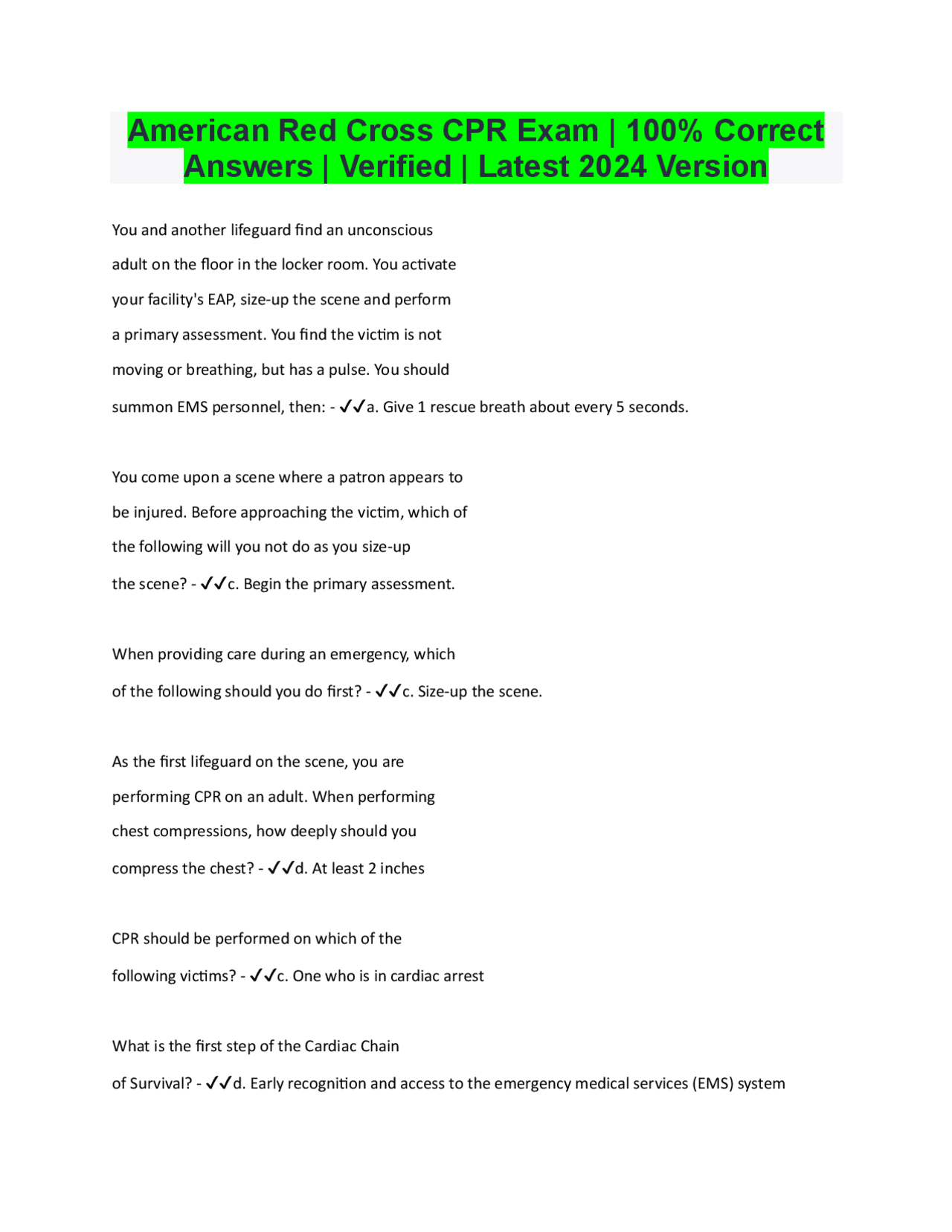 American Red Cross CPR Exam | 100% Correct Answers | Verified | Latest ...