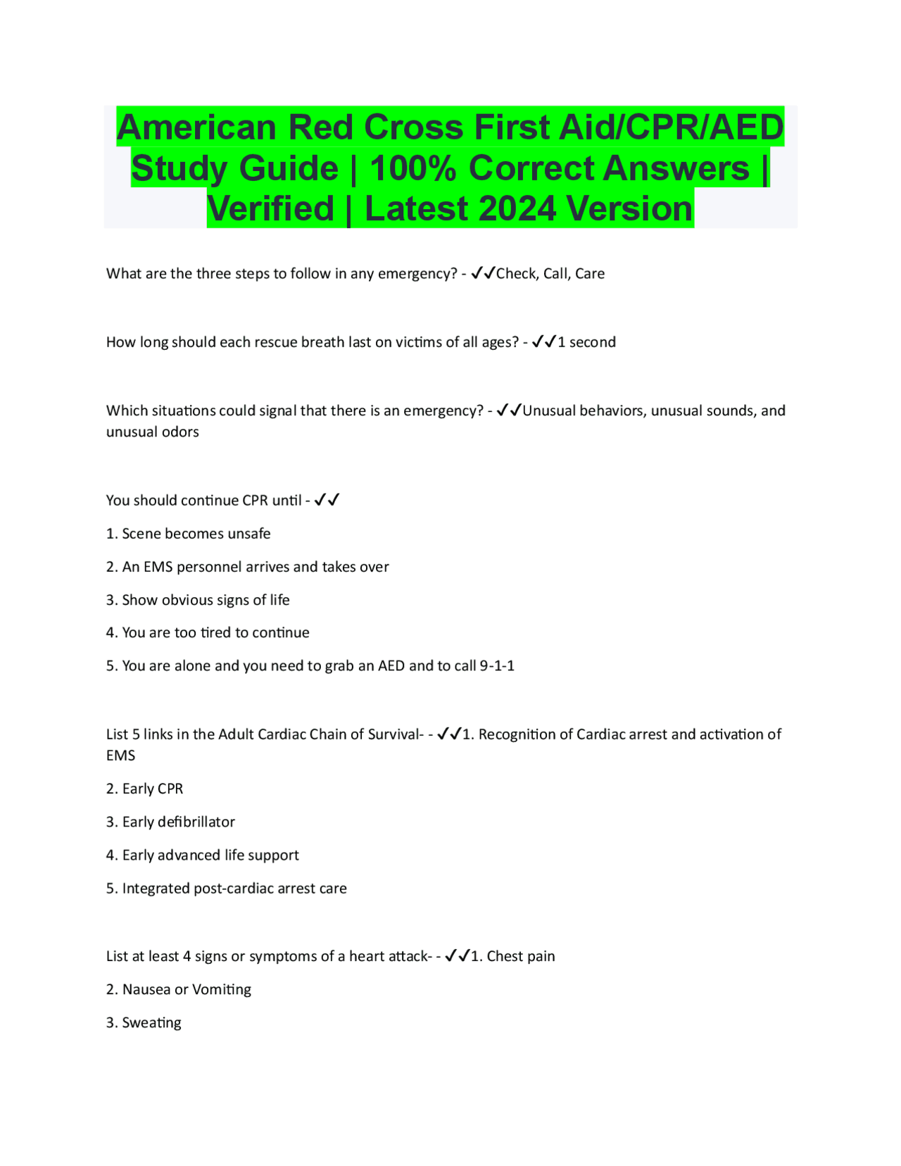 American Red Cross First Aid/CPR/AED Study Guide | Exams Nursing | Docsity