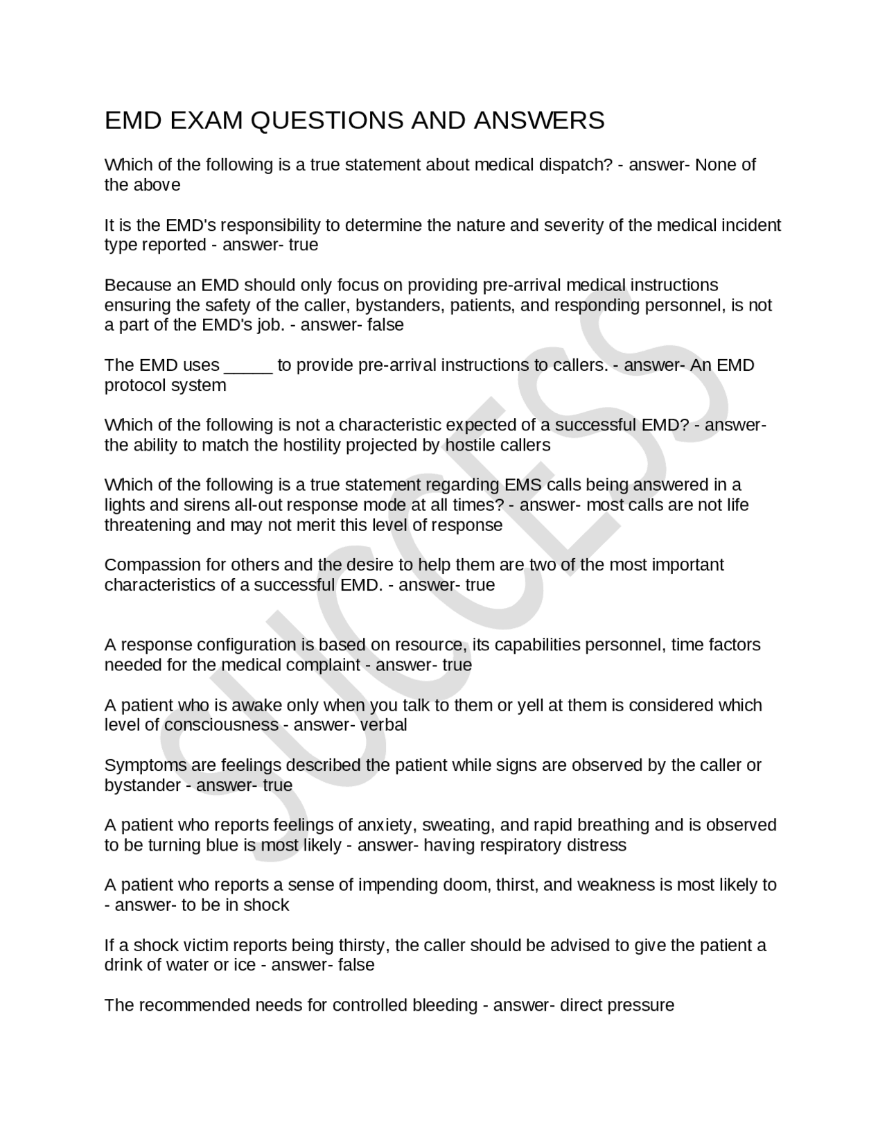 EMD Exam Questions and Answers | Exams Nursing | Docsity