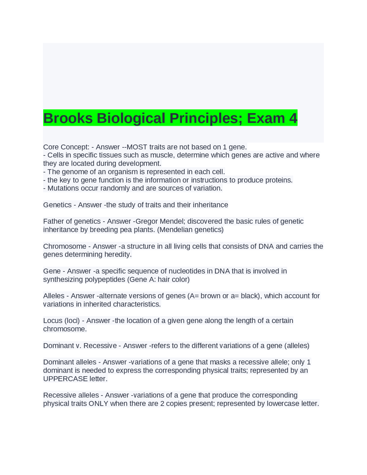 Brooks Biological Principles; Exam 4 Questions and Answers | Exams ...