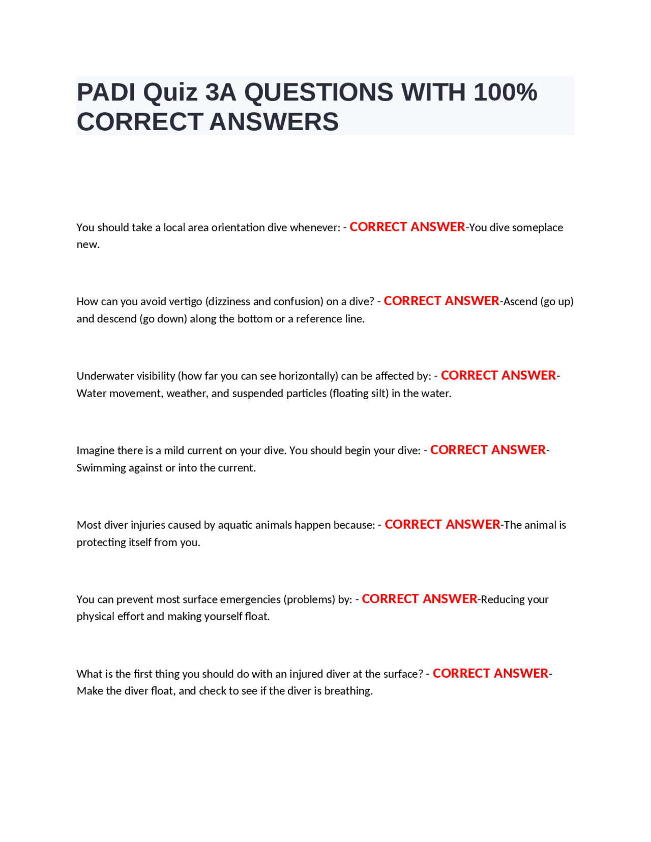 PADI Quiz 3A QUESTIONS WITH 100% CORRECT ANSWERS | Exams Nursing | Docsity