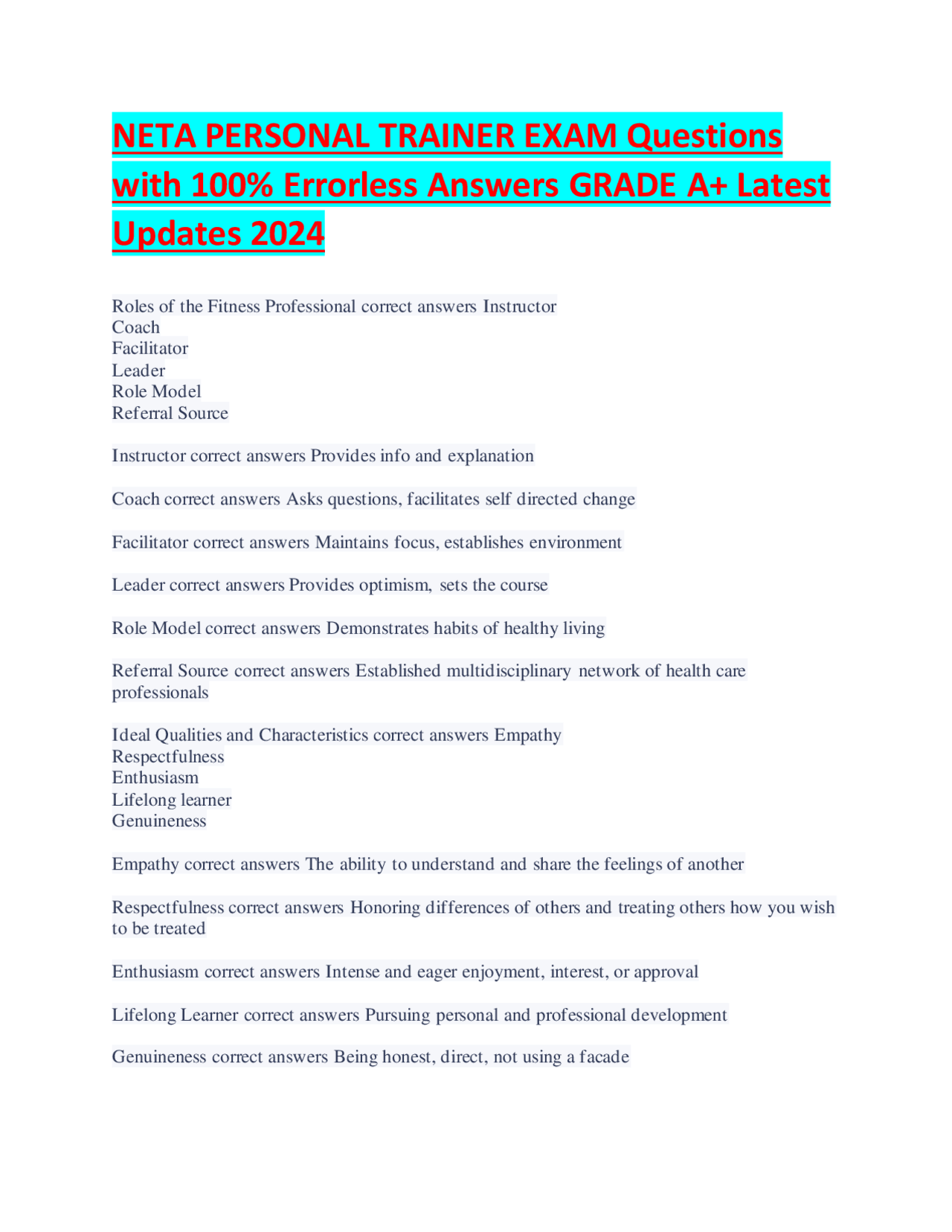 NETA PERSONAL TRAINER EXAM Questions with 100% Errorless Answers GRADE ...