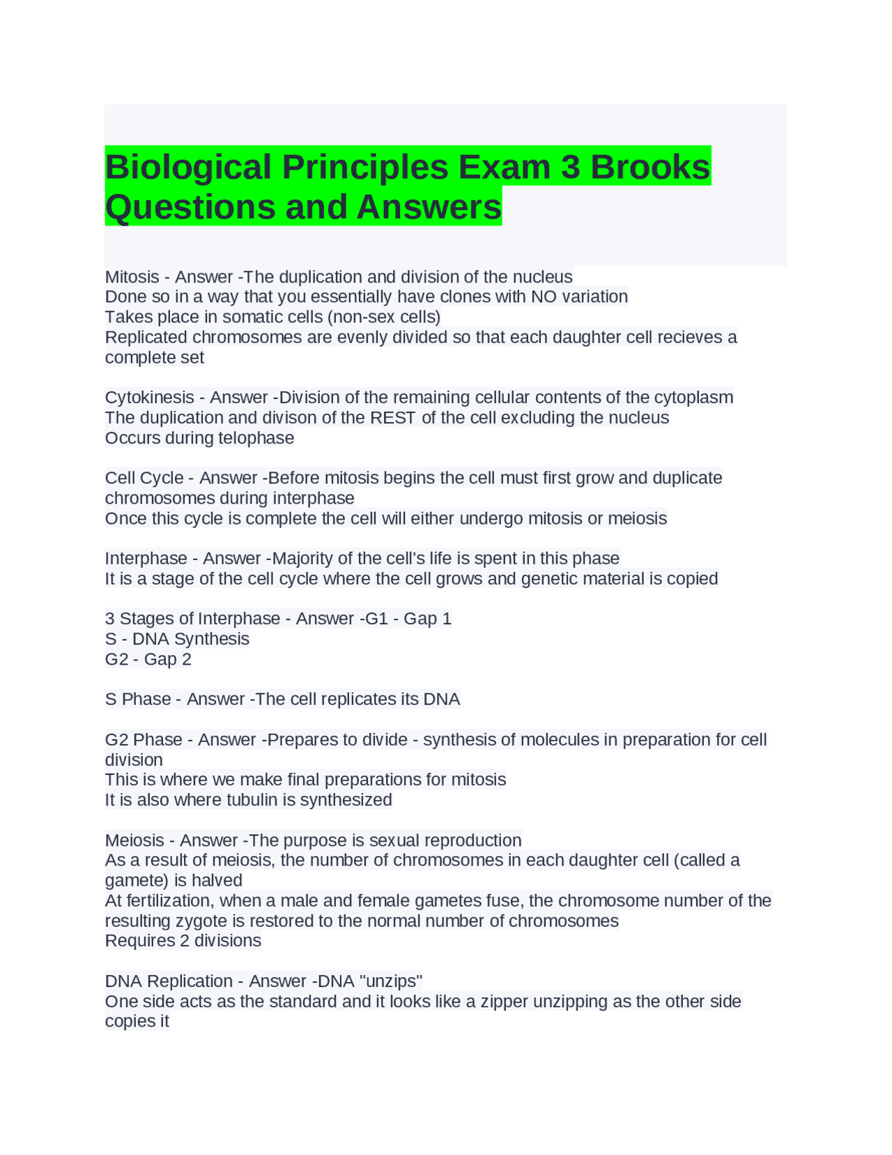 Biological Principles Exam 3 Brooks Questions and Answers | Exams ...