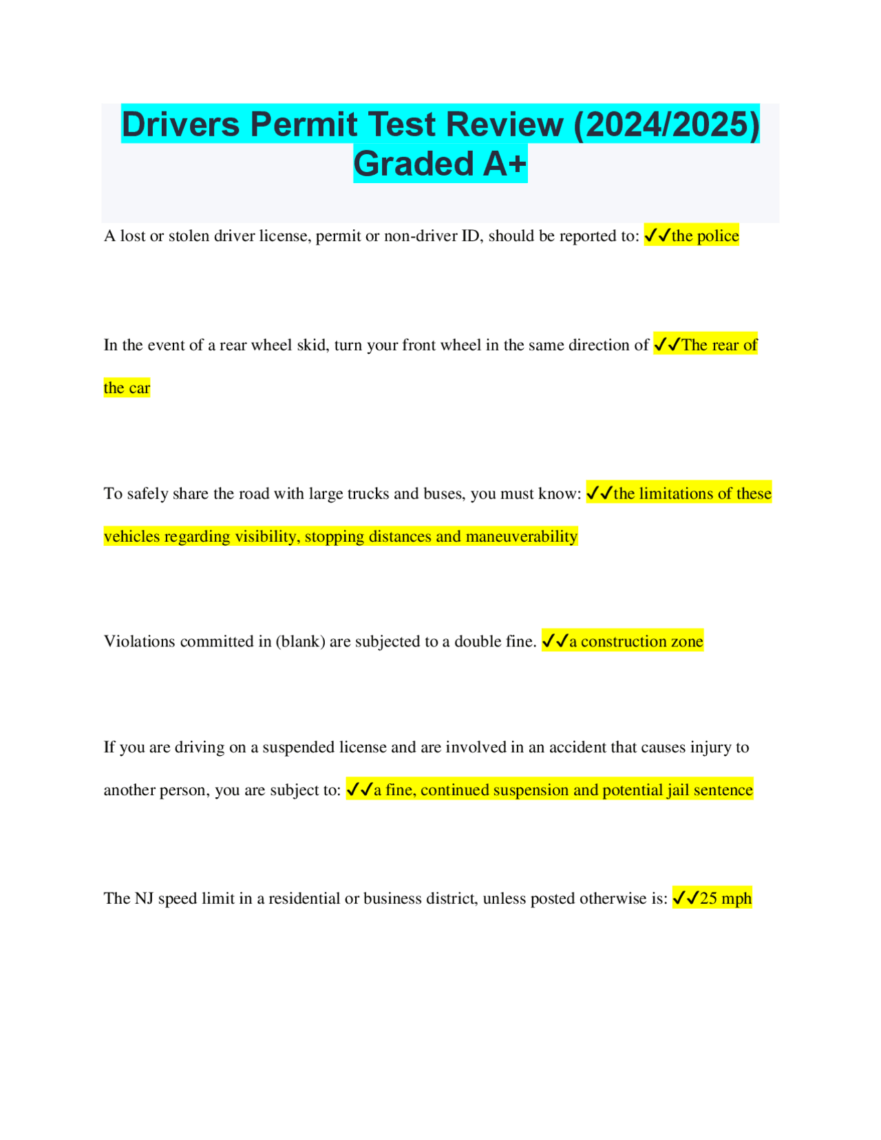 Drivers Permit Test Review (2024/2025) | Exams Advanced Education | Docsity