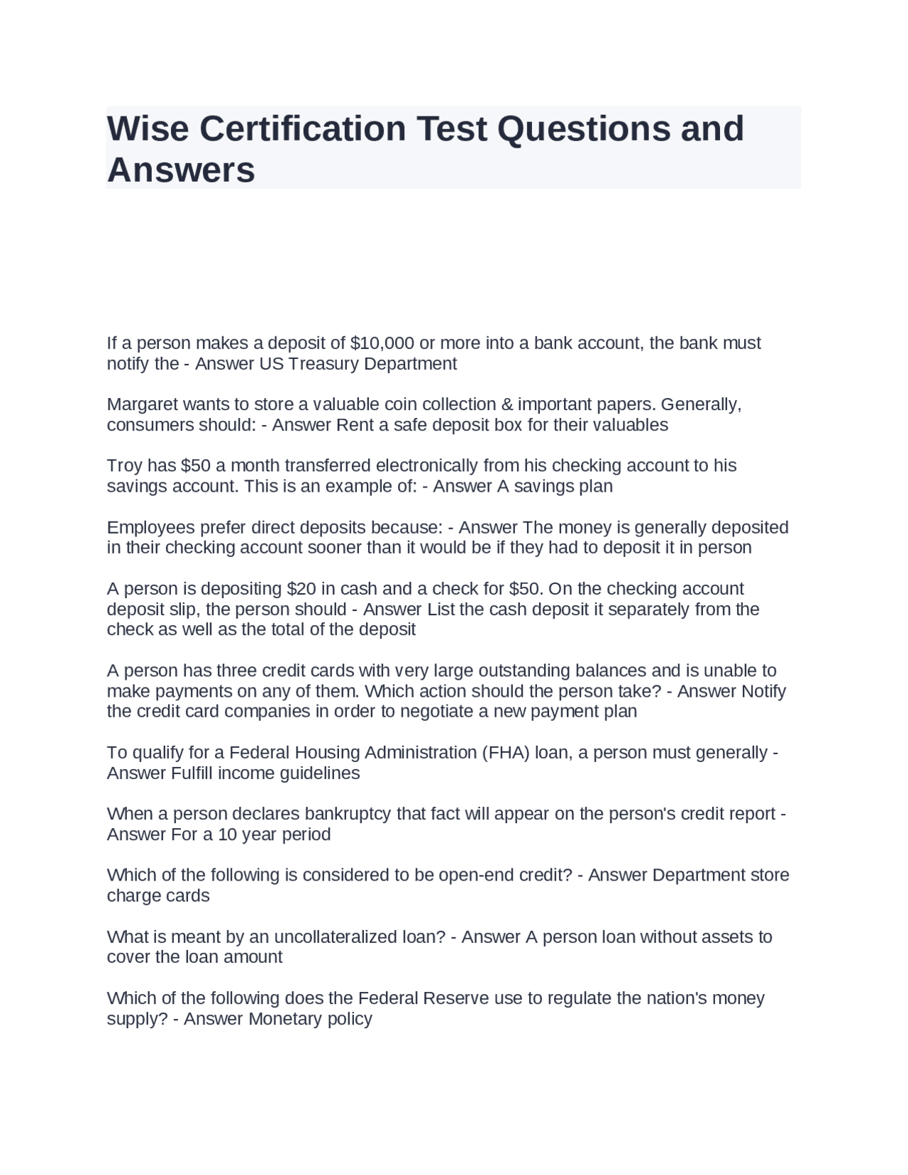 Wise Certification Test Questions and Answers | Exams Nursing | Docsity