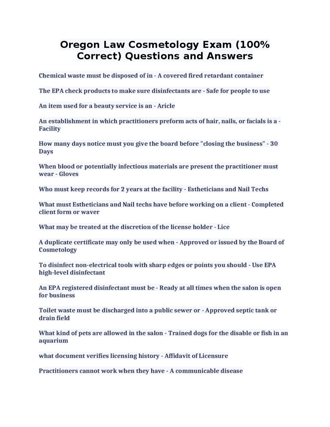 Oregon Law Cosmetology Exam Questions and Answers | Exams Law | Docsity