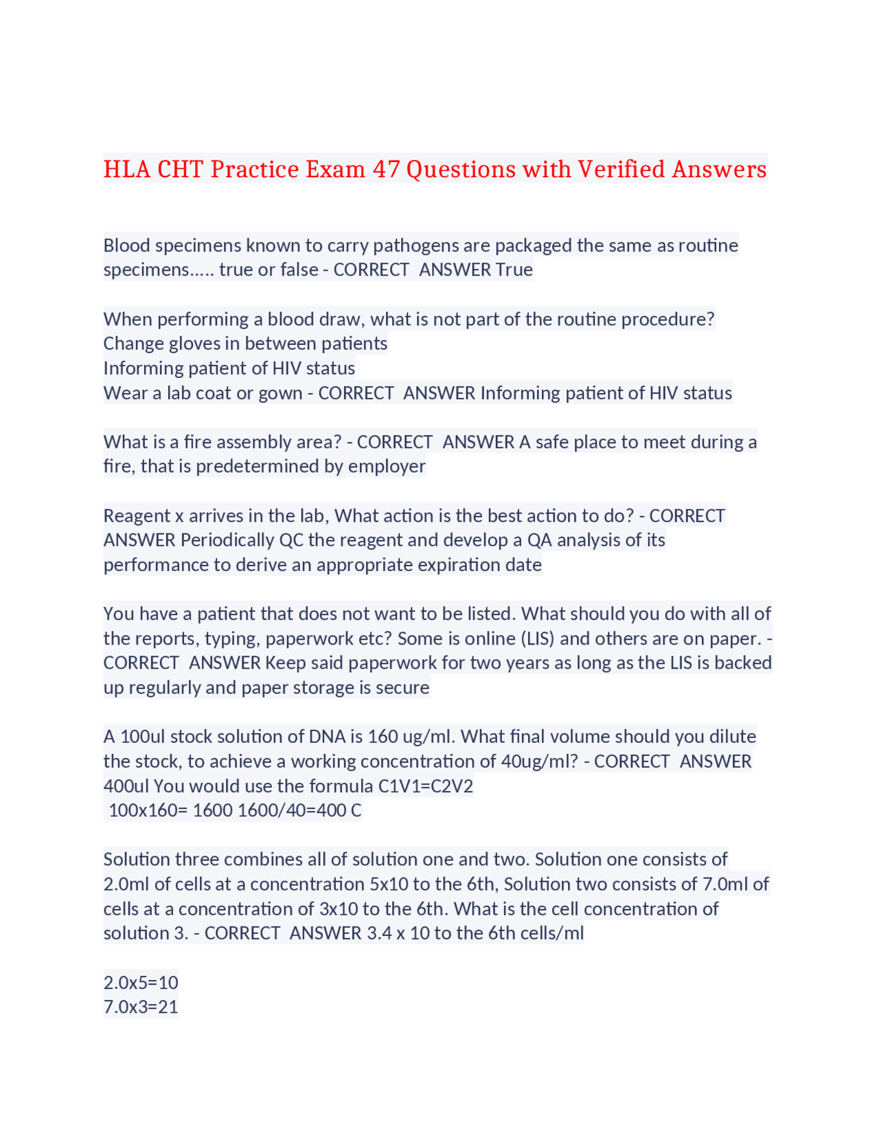 HLA CHT Practice Exam 47 Questions with Verified Answers | Exams ...