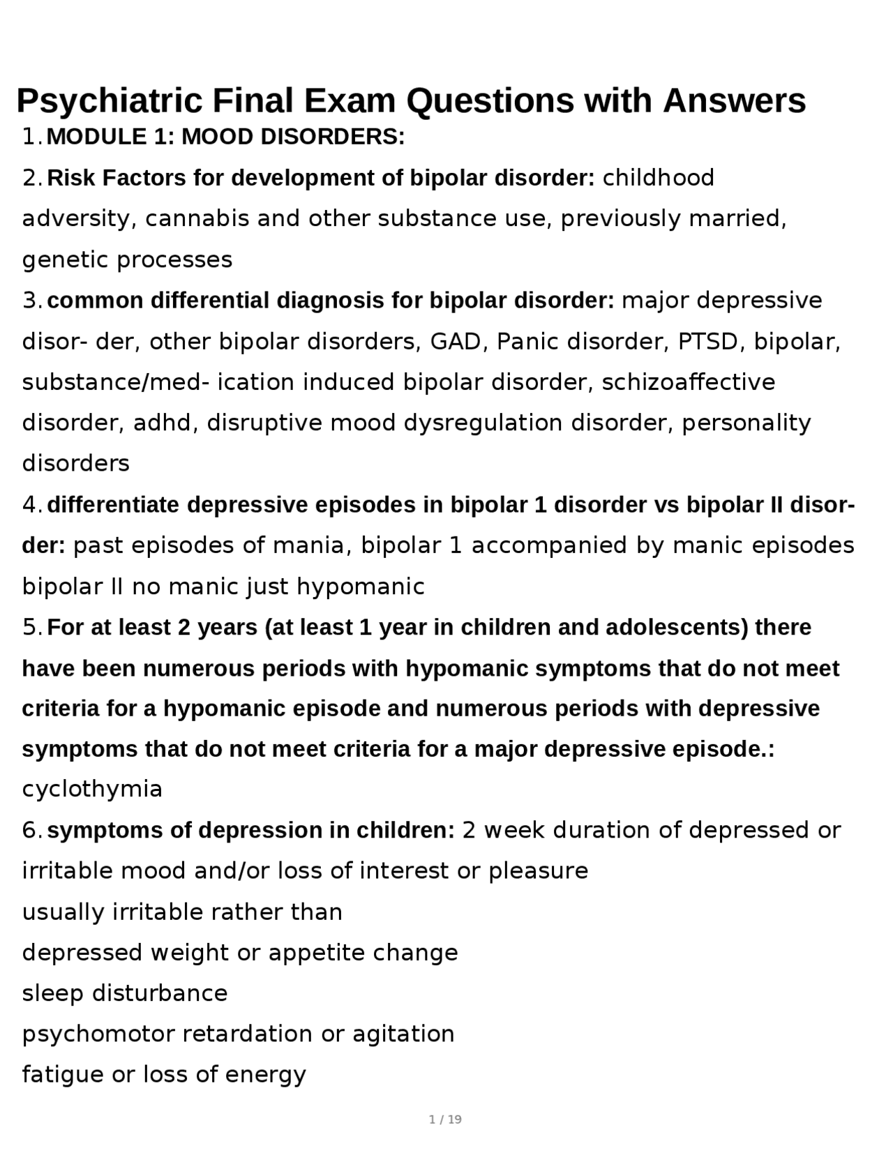Psychiatric Final Exam Questions with Answers | Exams Psychiatry | Docsity
