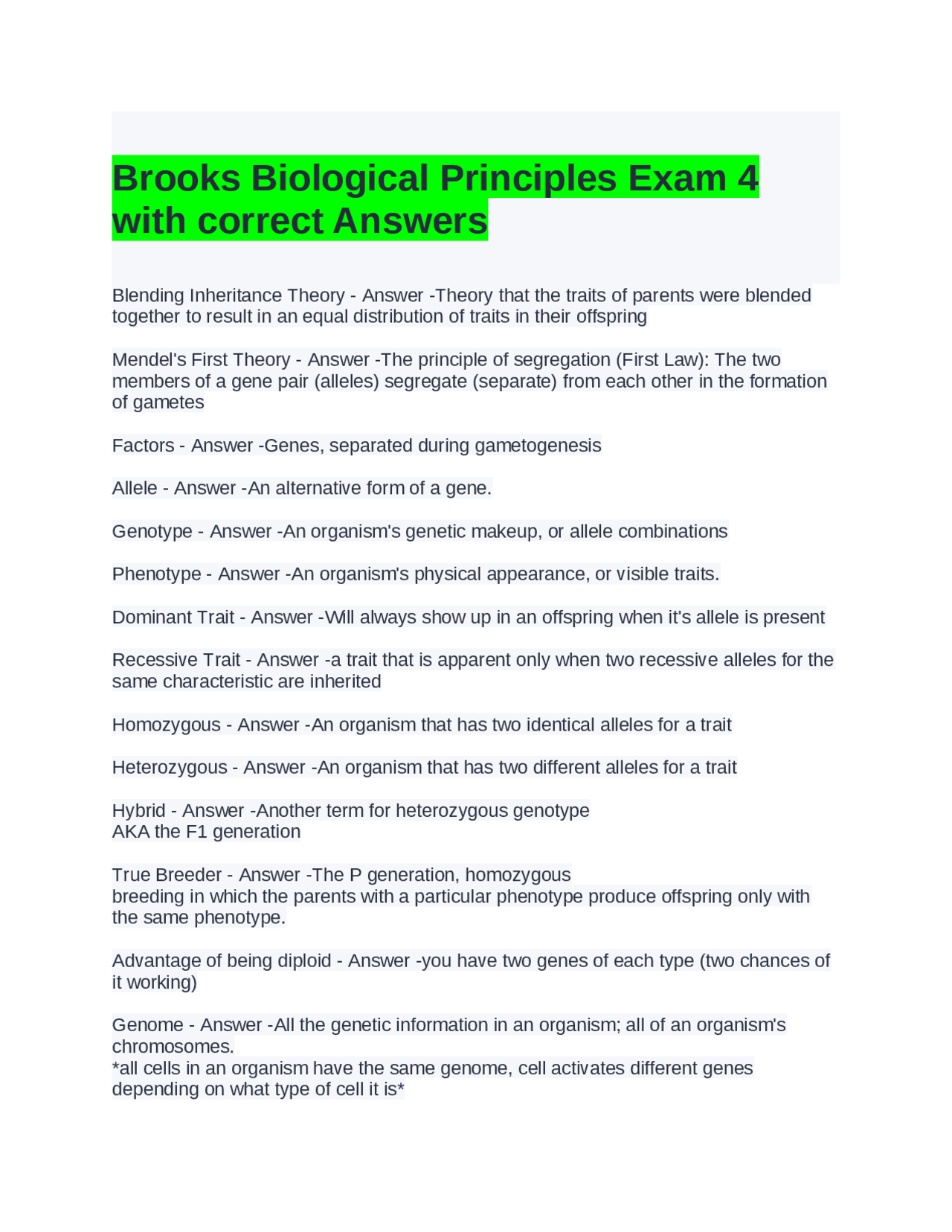 Biological Principles Exam 4 with Correct Answers | Exams Biology | Docsity