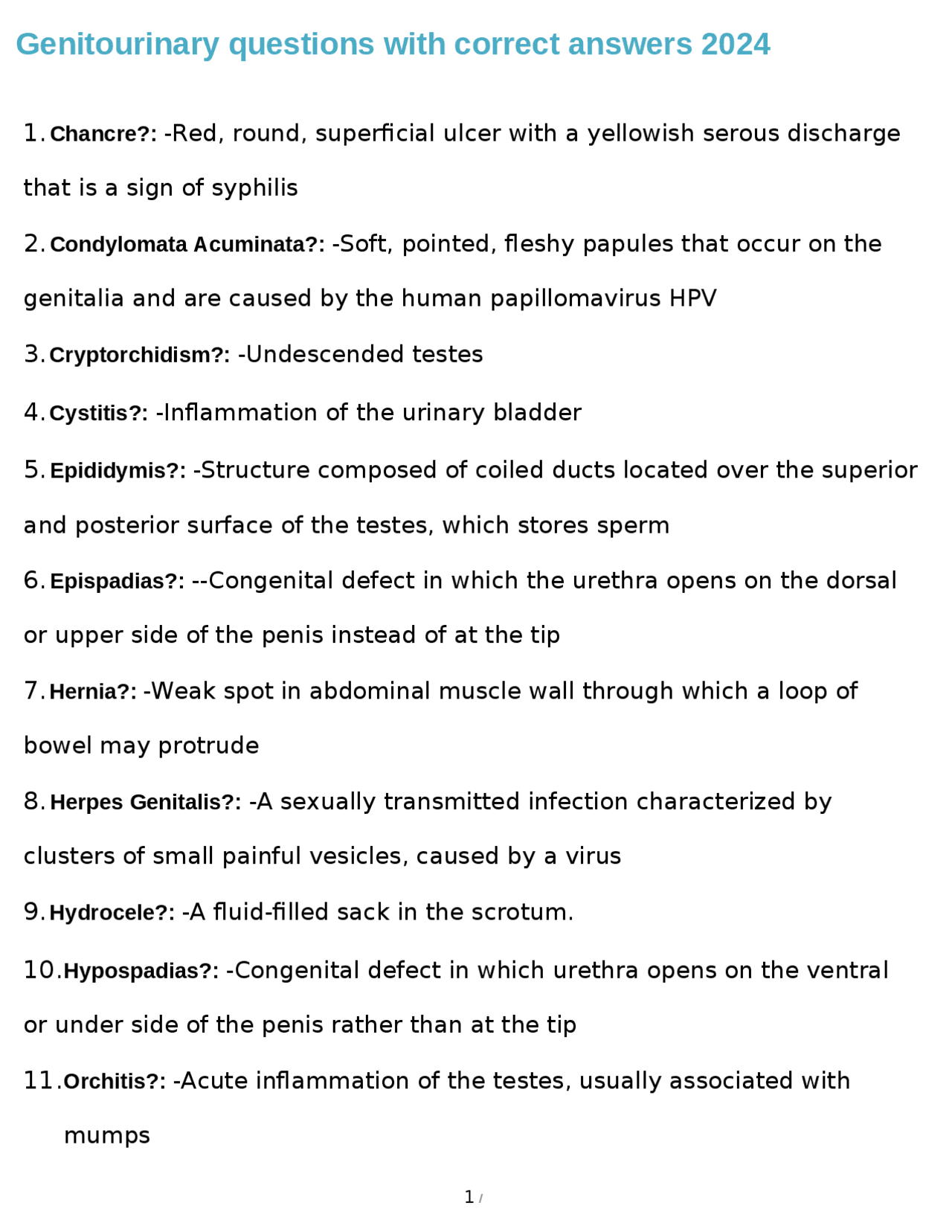 Genitourinary Conditions and Assessments | Exams Nursing | Docsity