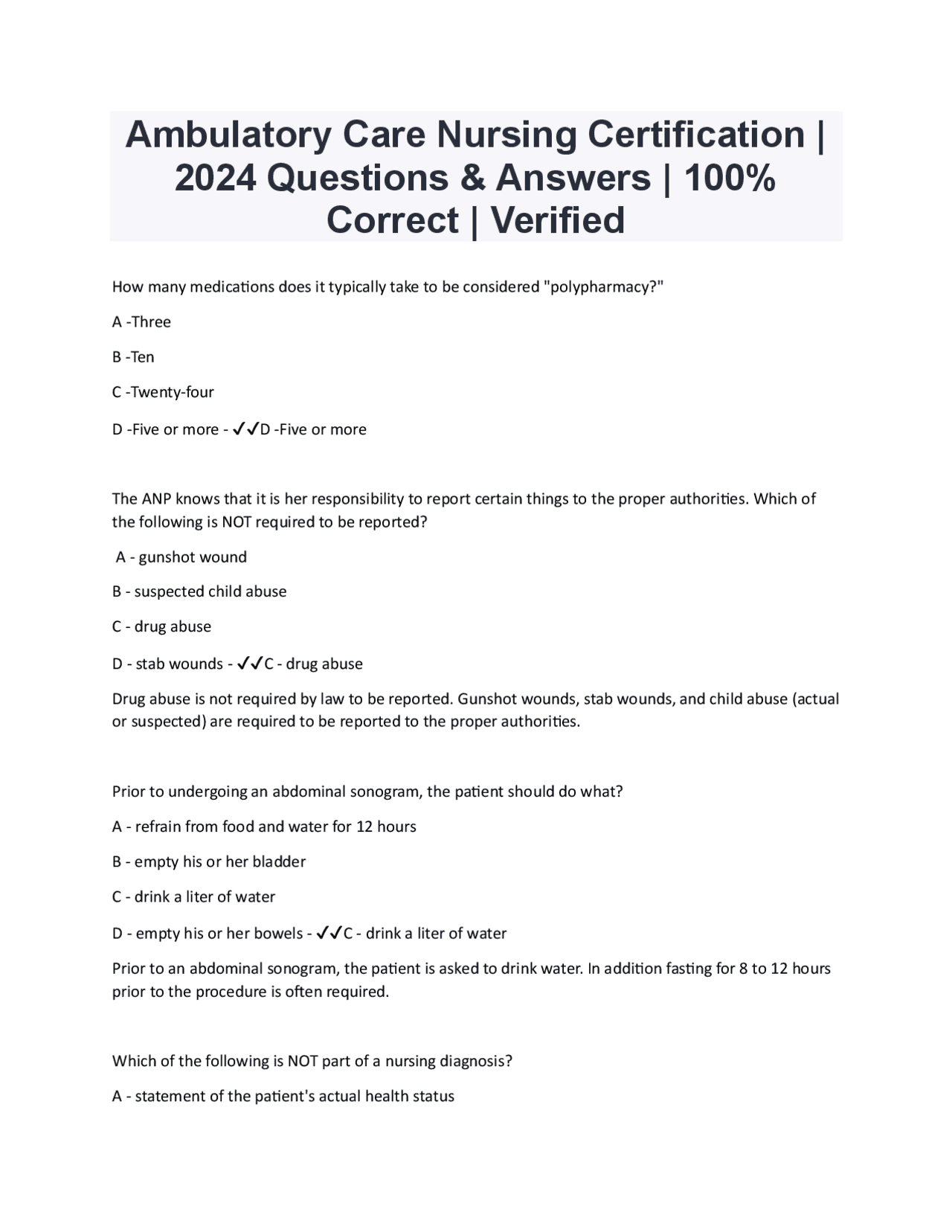 Ambulatory Care Nursing Certification | 2024 Questions & Answers | 100% ...