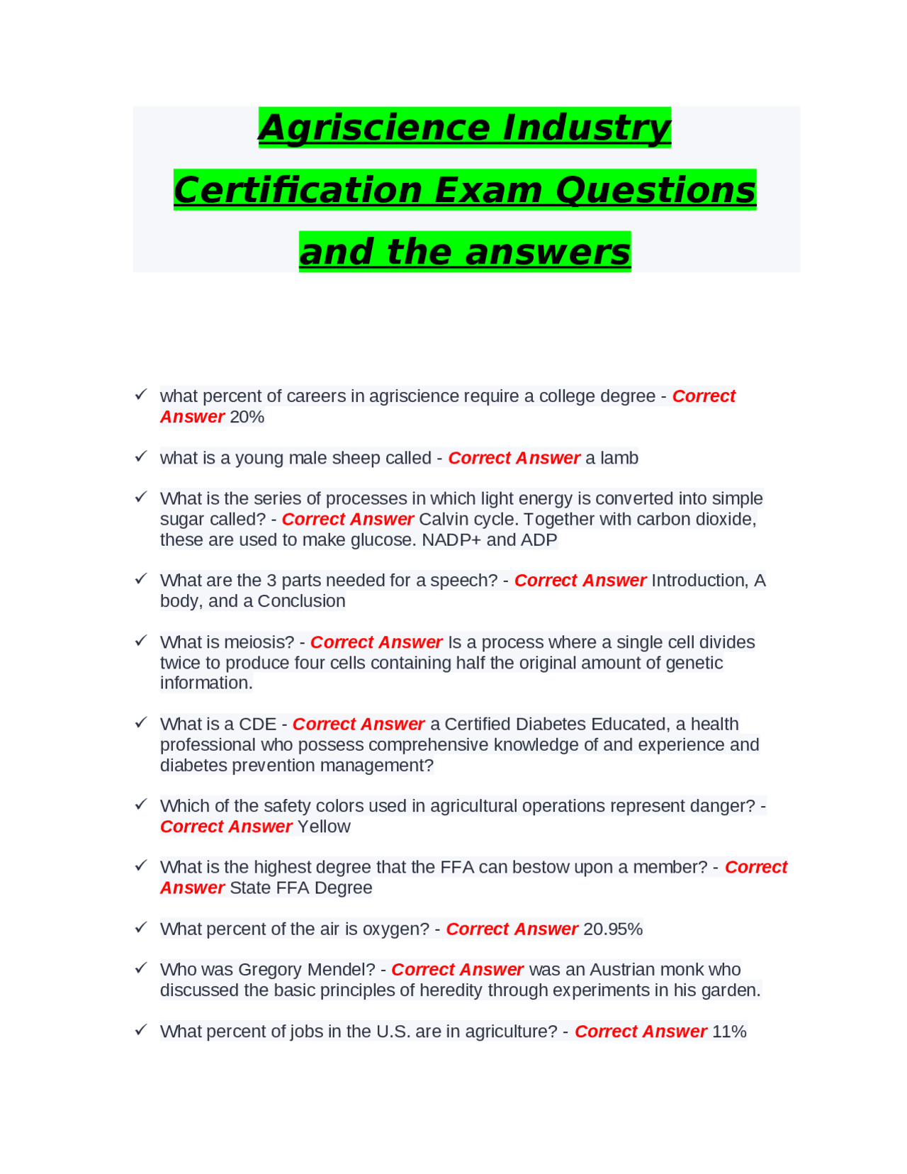 Agriscience Industry Certification Exam Questions and Answers | Exams ...