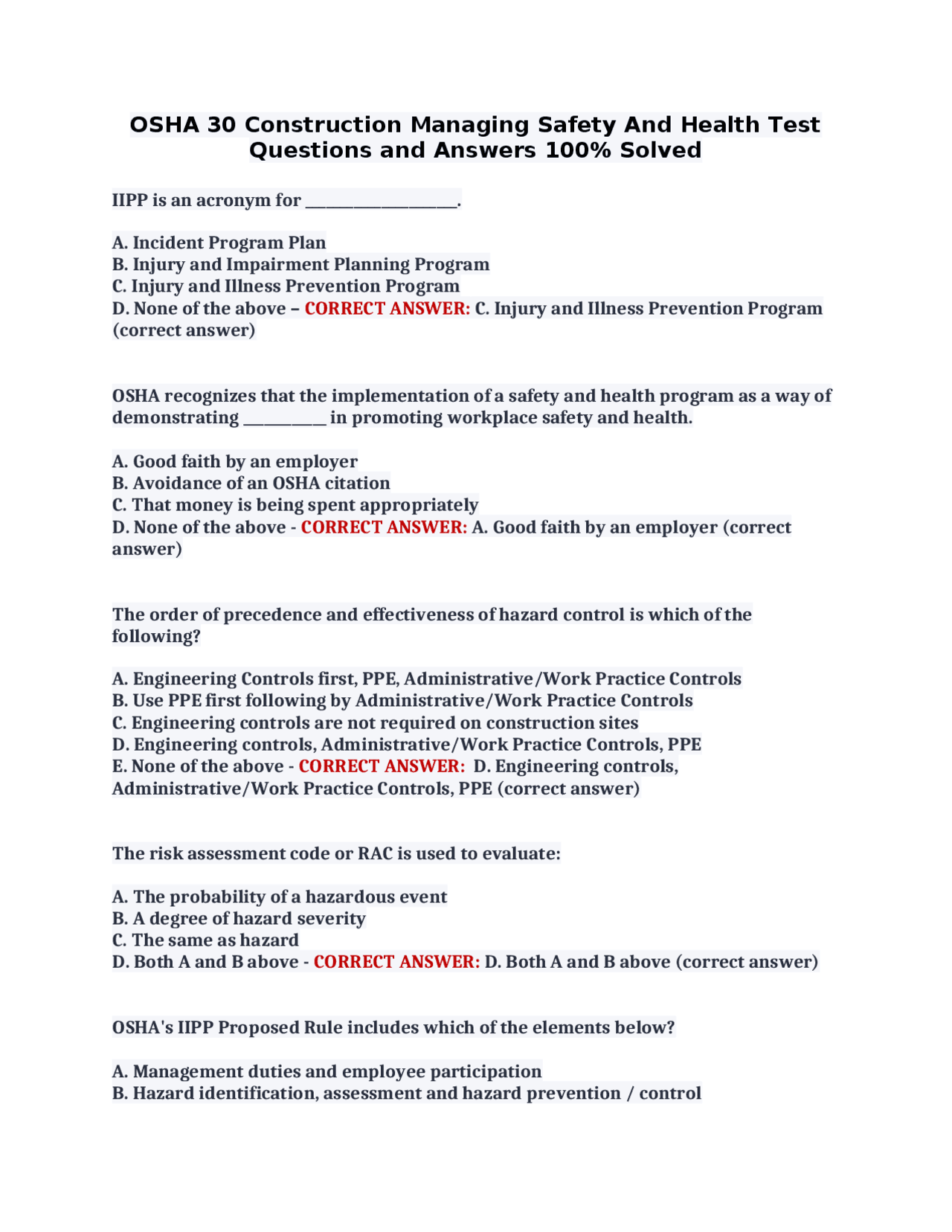 OSHA 30 Construction Managing Safety And Health Test Questions and ...