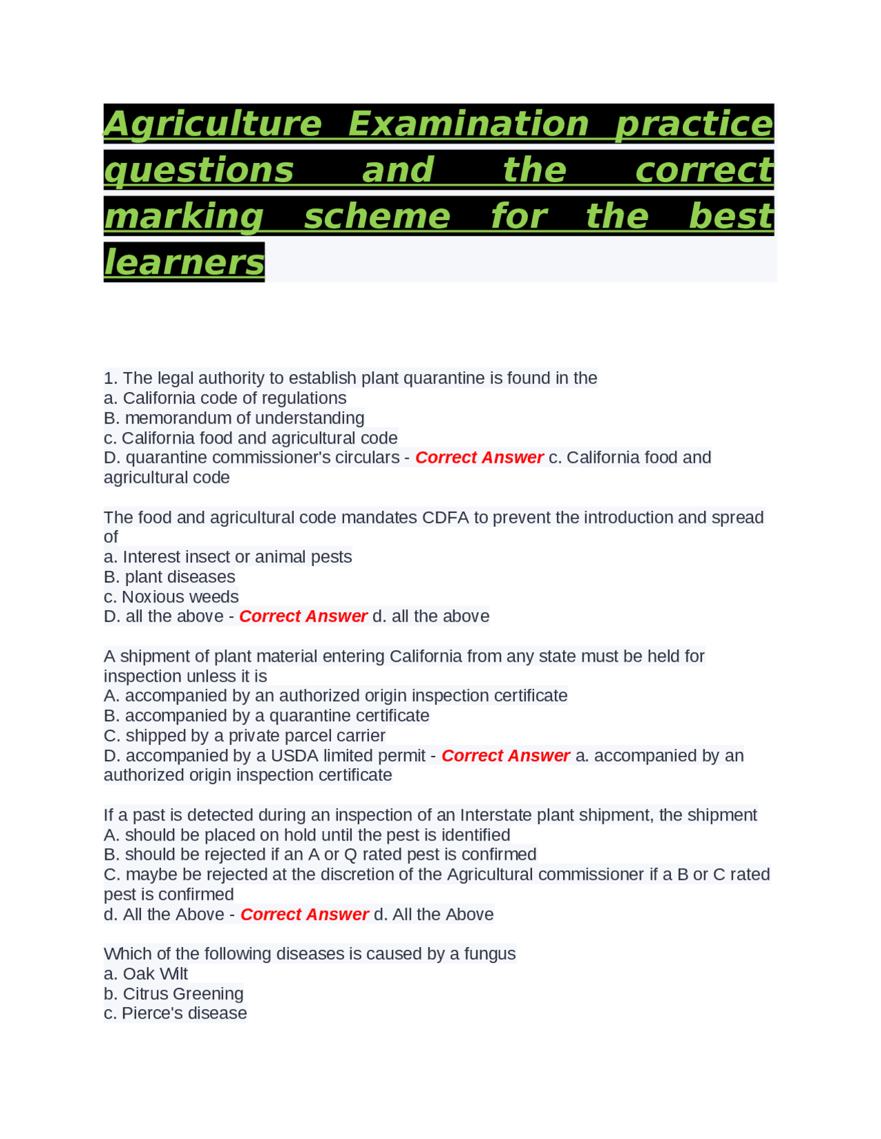 Agriculture Examination practice questions and the correct marking ...