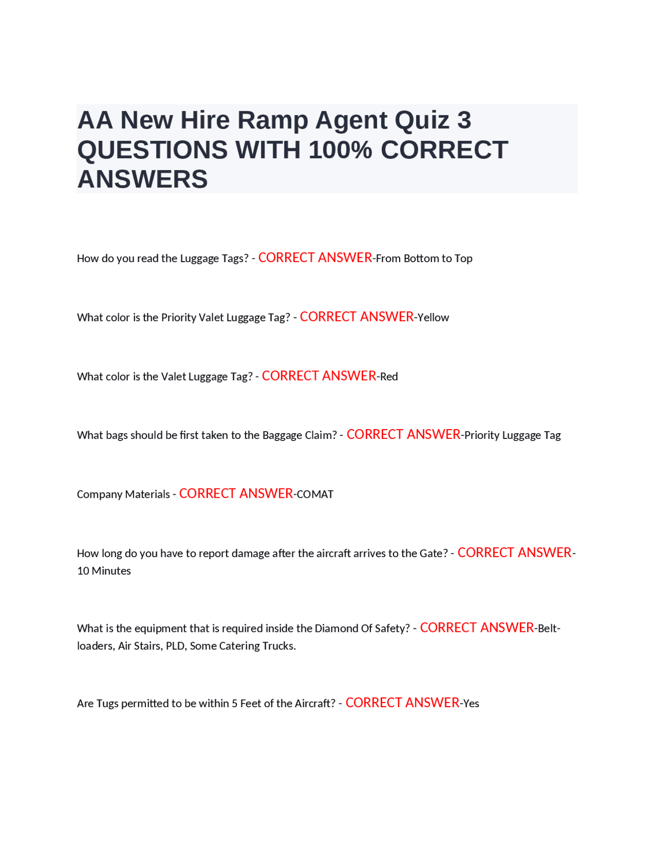 AA New Hire Ramp Agent Quiz 3 QUESTIONS WITH 100% CORRECT ANSWERS ...
