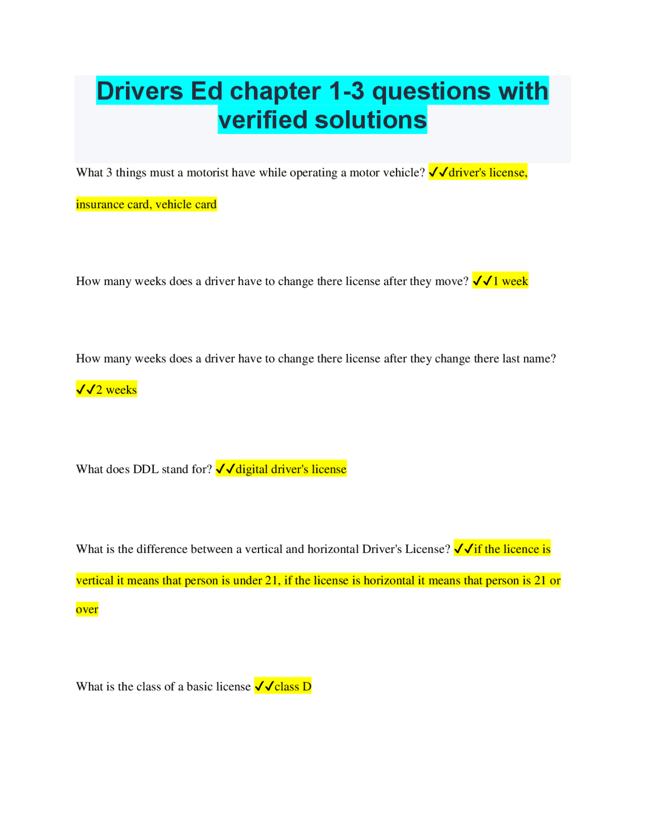 Drivers Education: Chapter 1-3 Questions and Verified Solutions | Exams ...