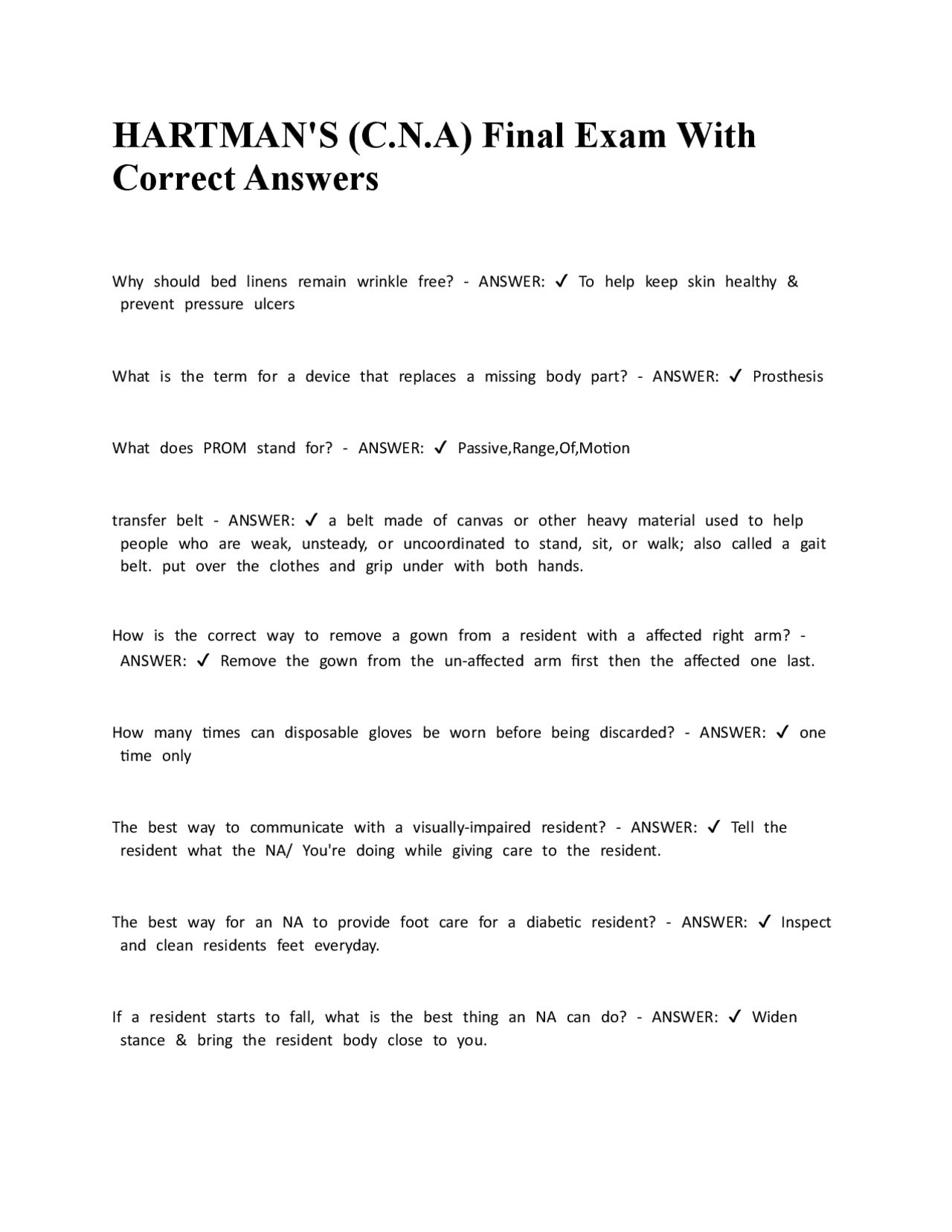 HARTMAN'S CNA Final Exam: Practice Questions & Answers | Exams Nursing | Docsity
