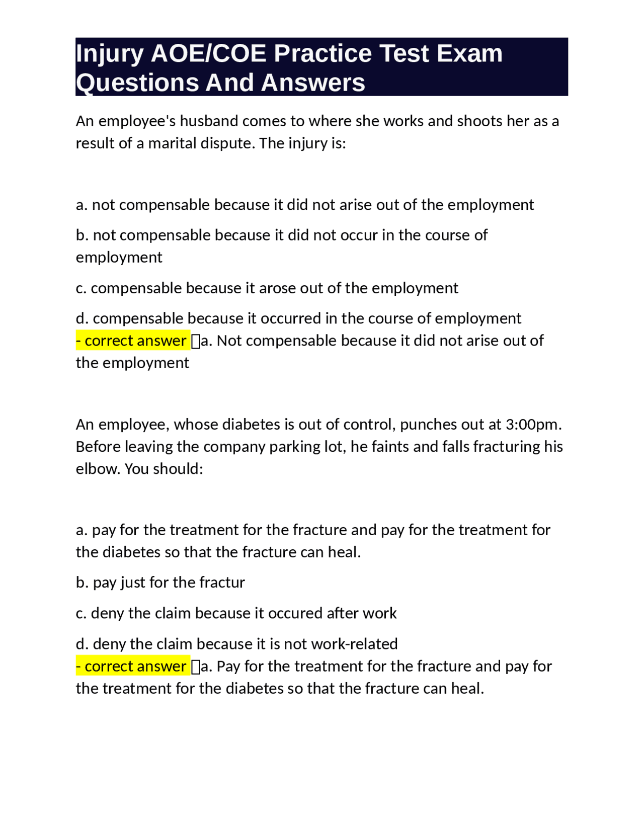 Injury AOE/COE Practice Test Exam Questions And Answers | Exams ...