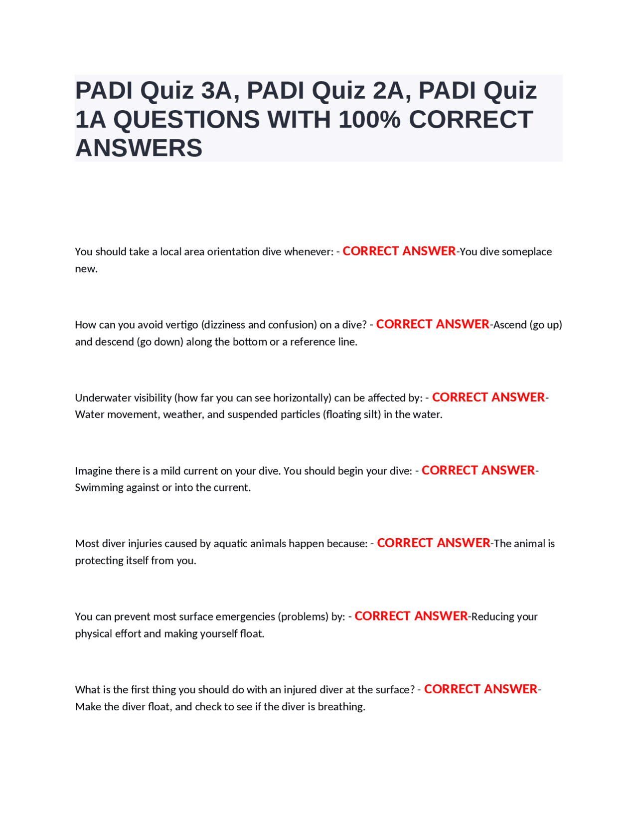 PADI Quiz 3A, PADI Quiz 2A, PADI Quiz 1A QUESTIONS WITH 100% CORRECT ...