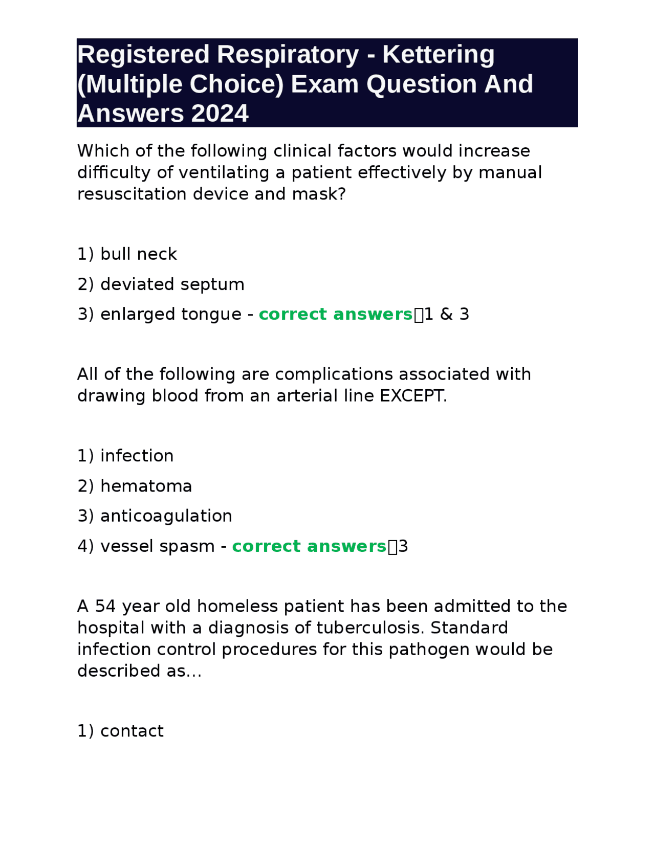 Registered Respiratory - Kettering (Multiple Choice) Exam Question And ...