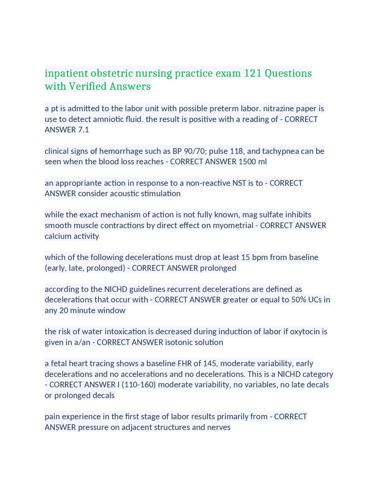 inpatient obstetric nursing practice exam 121 Questions with Verified ...
