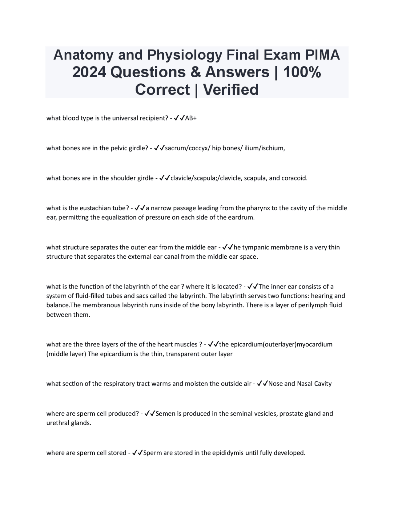 Anatomy and Physiology Final Exam PIMA 2024 Questions & Answers | Exams Physiology | Docsity