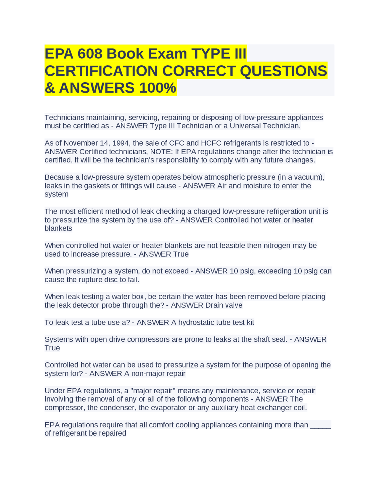 EPA 608 Type III Certification Exam: Comprehensive Guide to Refrigerant ...