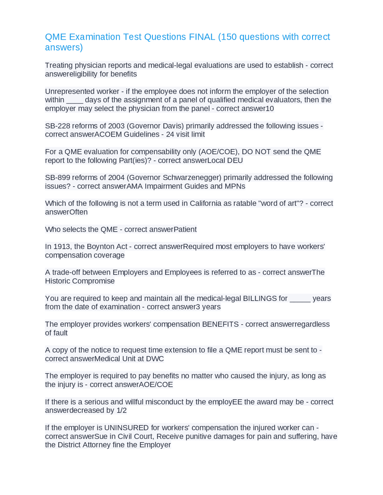 Workers' Compensation Examination Test Questions | Exams Nursing | Docsity