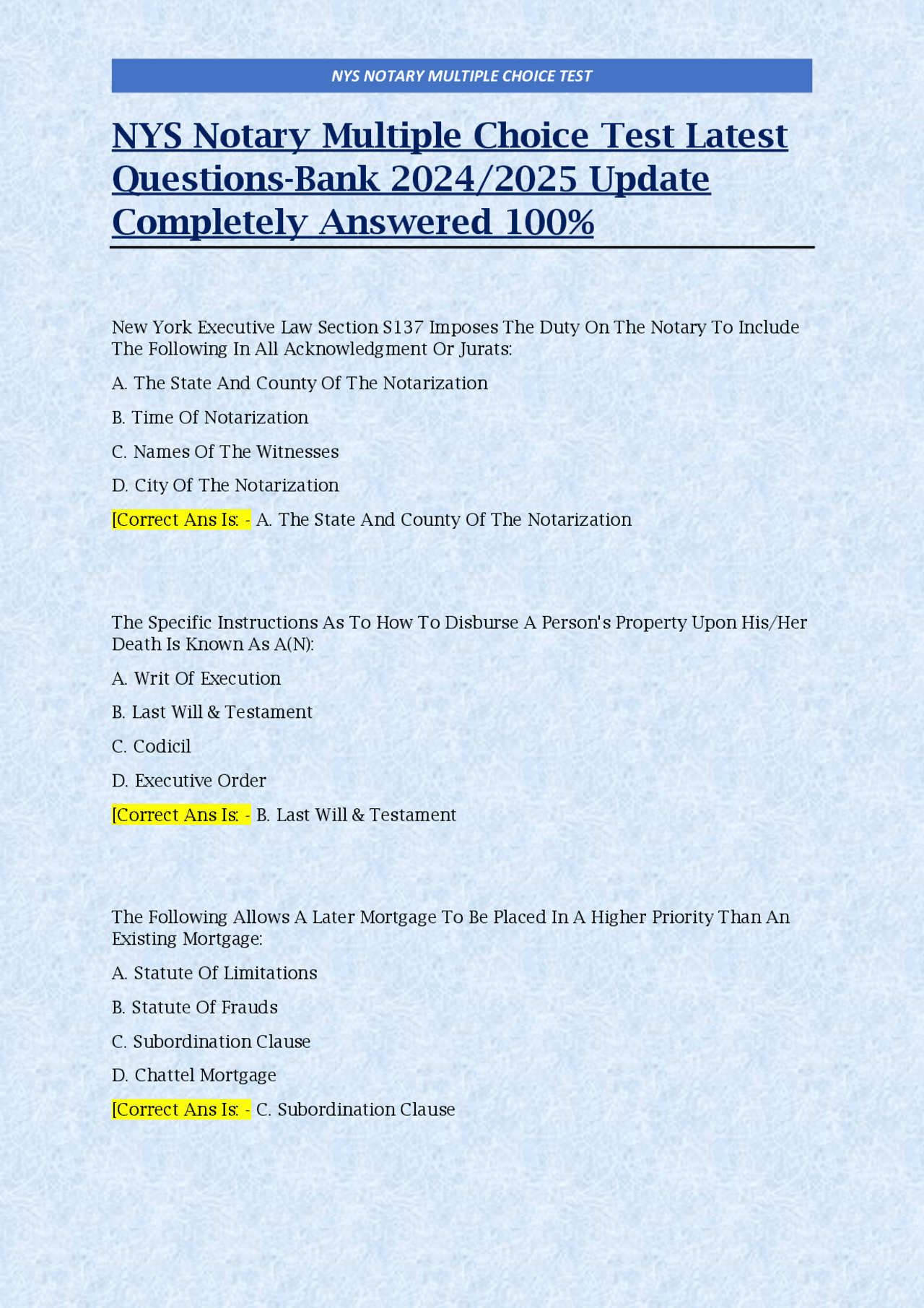 NYS Notary Multiple Choice Test | Exams Public Law | Docsity