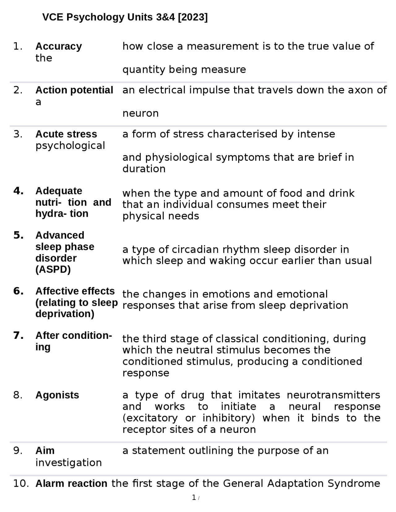 VCE Psychology Units 3&4 Glossary | Exams Psychology | Docsity