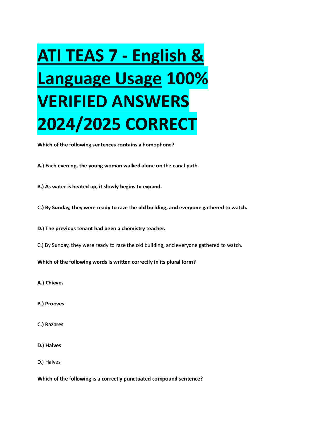 ATI TEAS 7 - English & Language Usage 100% VERIFIED ANSWERS 2024/2025 CORRECT | Exams Nursing ...