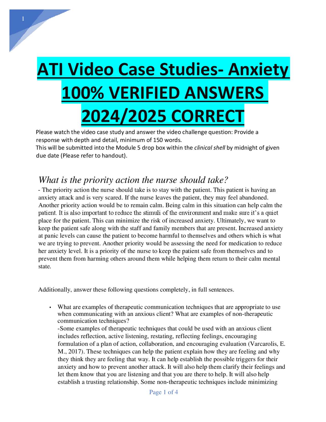 ATI Video Case Studies- Anxiety 100% VERIFIED ANSWERS 2024/2025 CORRECT ...