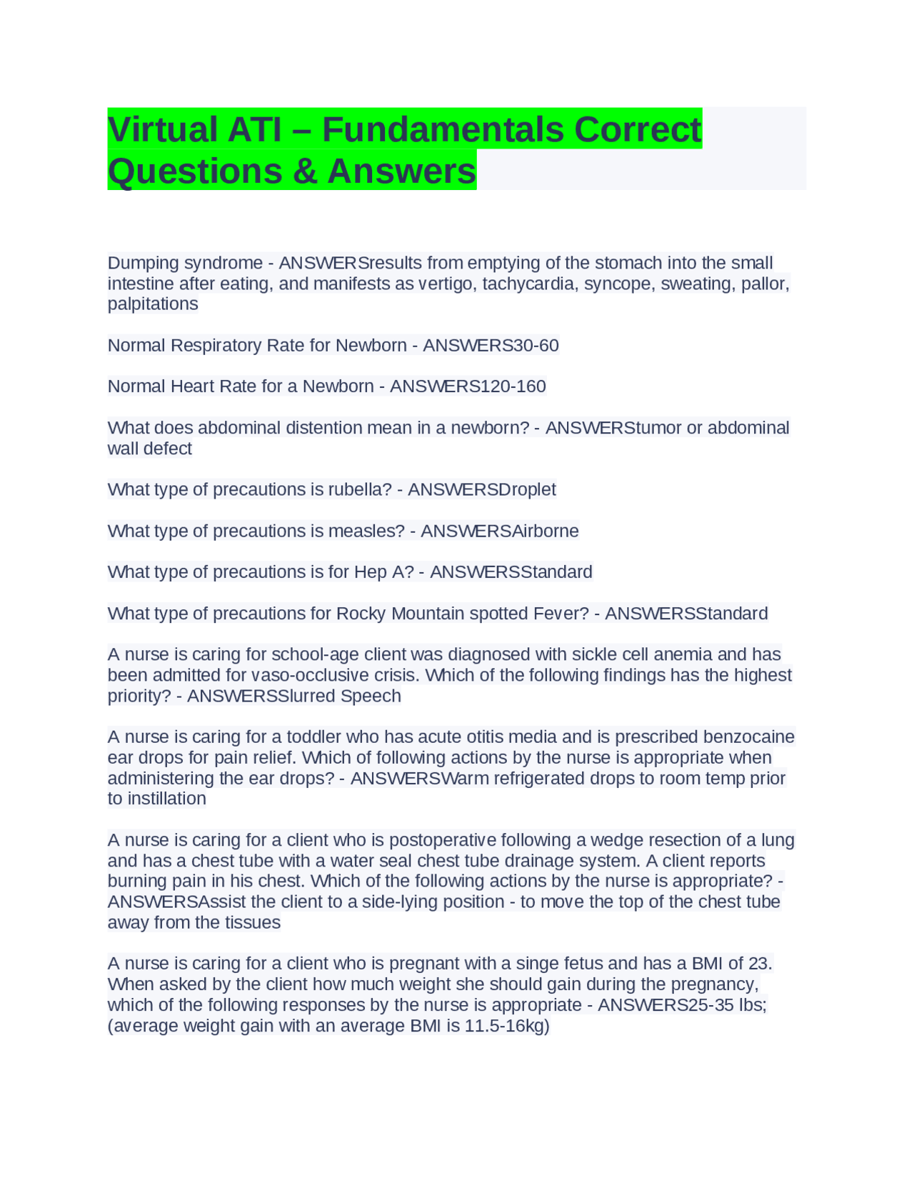Virtual ATI – Fundamentals Correct Questions & Answers | Exams Nursing ...
